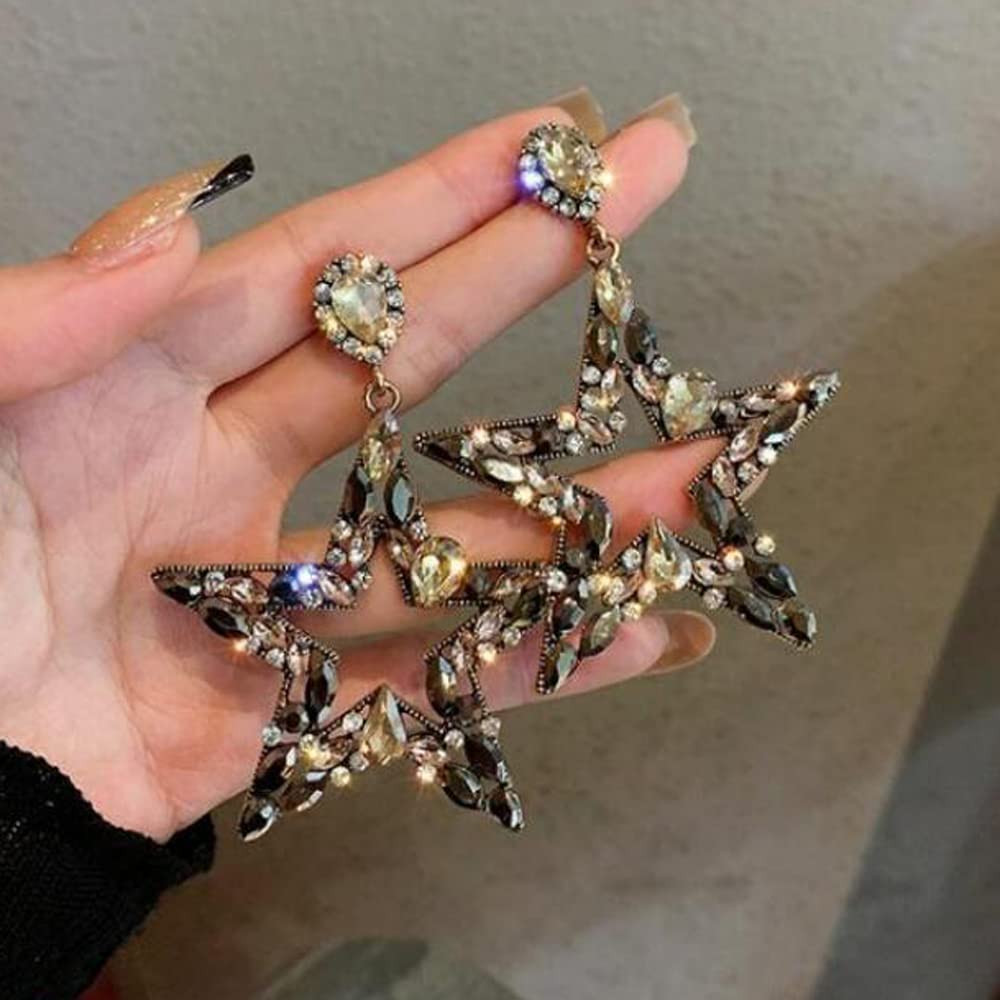 Missgrace Gold Women's Long Sparkling Crystal Drop Earrings Star Rhinestone Dangle Earrings for Bridal Wedding Party Jewelry