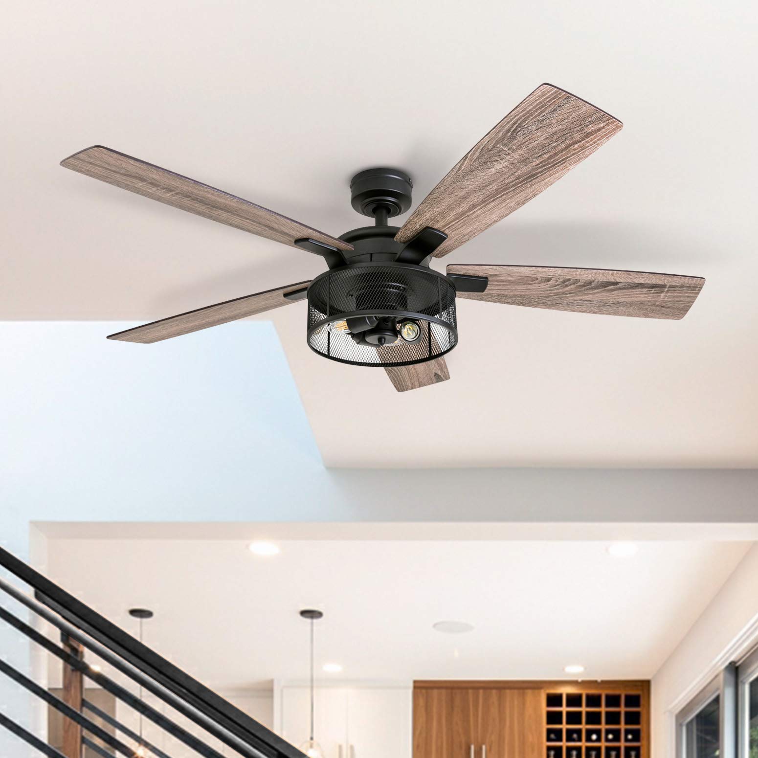Honeywell Ceiling Fans 50614-01 Carnegie LED Ceiling Fan 52", Indoor, Rustic Barnwood Blades, Industrial Cage Light, Matte Black (Renewed)