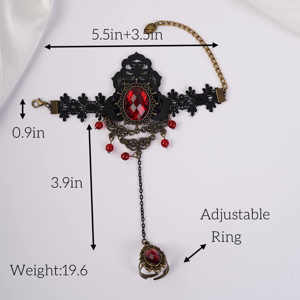 Kercisbeauty Black Lace with Ruby Red Rhinestones Bracelet Halloween Vampire Hand Harness with Finger Ring for Women Girls (Style 5)