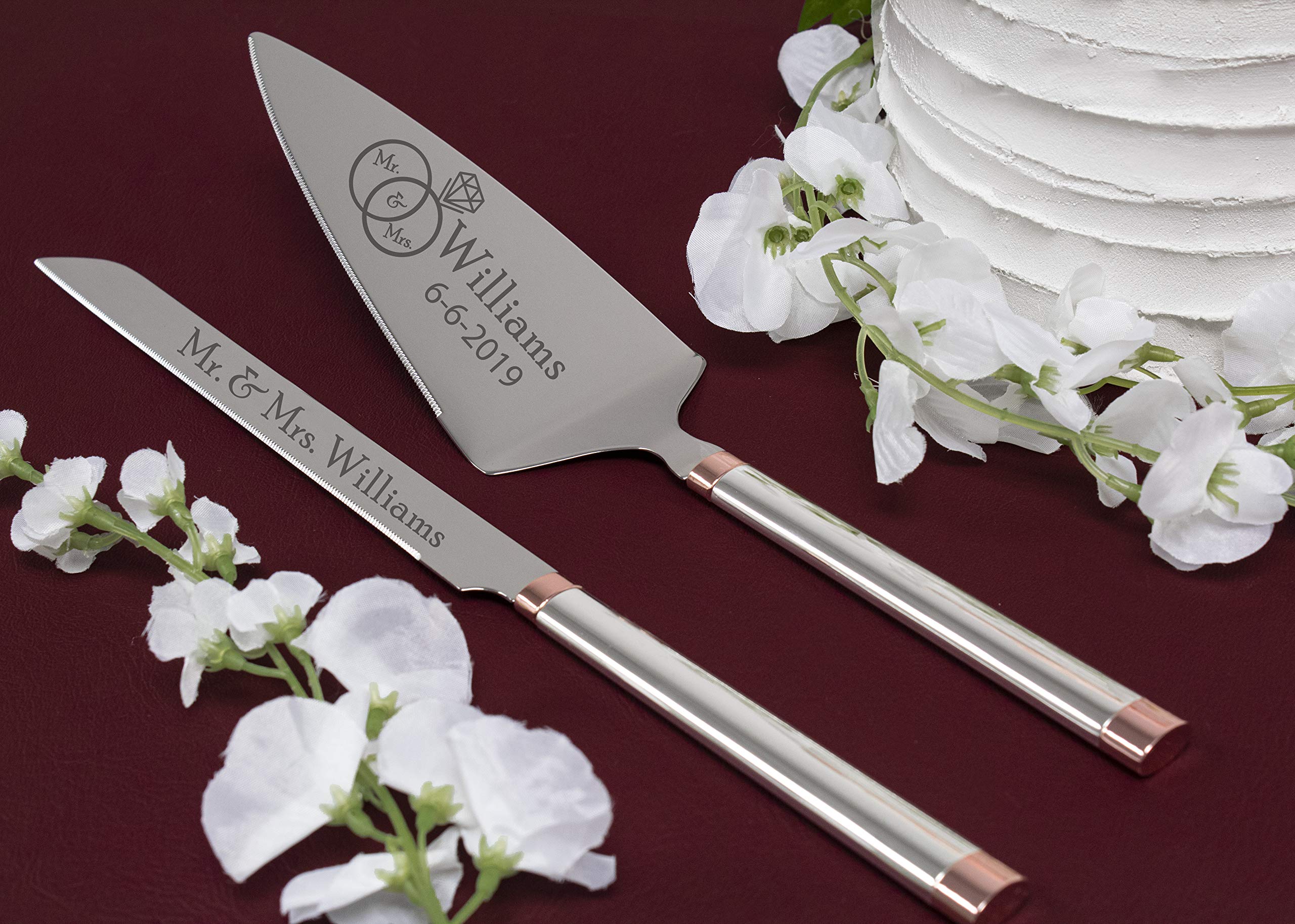 Kate Spade Bridal Rosy Glow Personalized Wedding Cake Knife and Server Set, Custom Engraved Wedding Cake Cutting Set for Bride and Groom