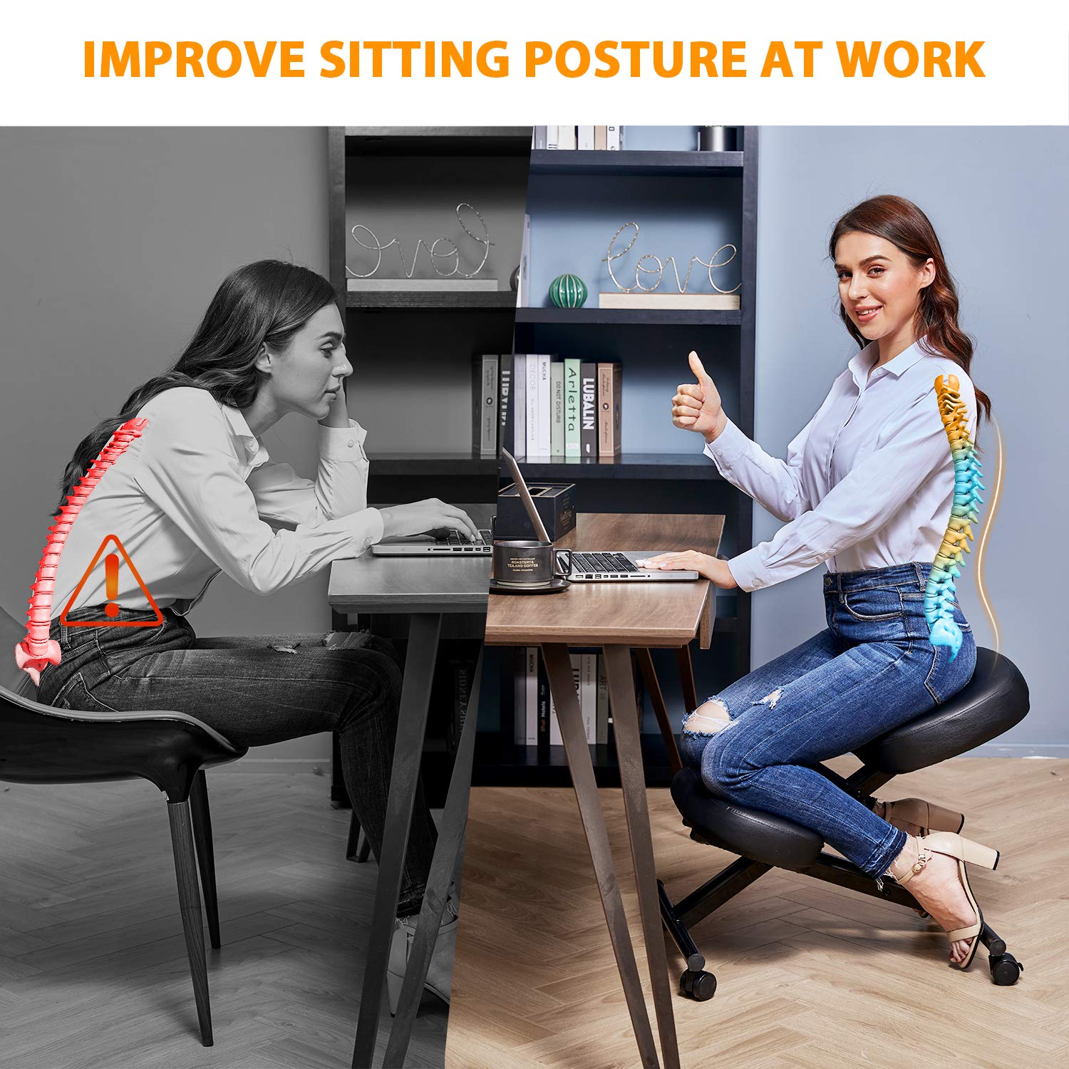 Himimi Ergonomic Kneeling Chair - Faux Leather - Thick Comfortable Moulded Foam Cushions - Brake Casters, Adjustable Stool for Home & Office