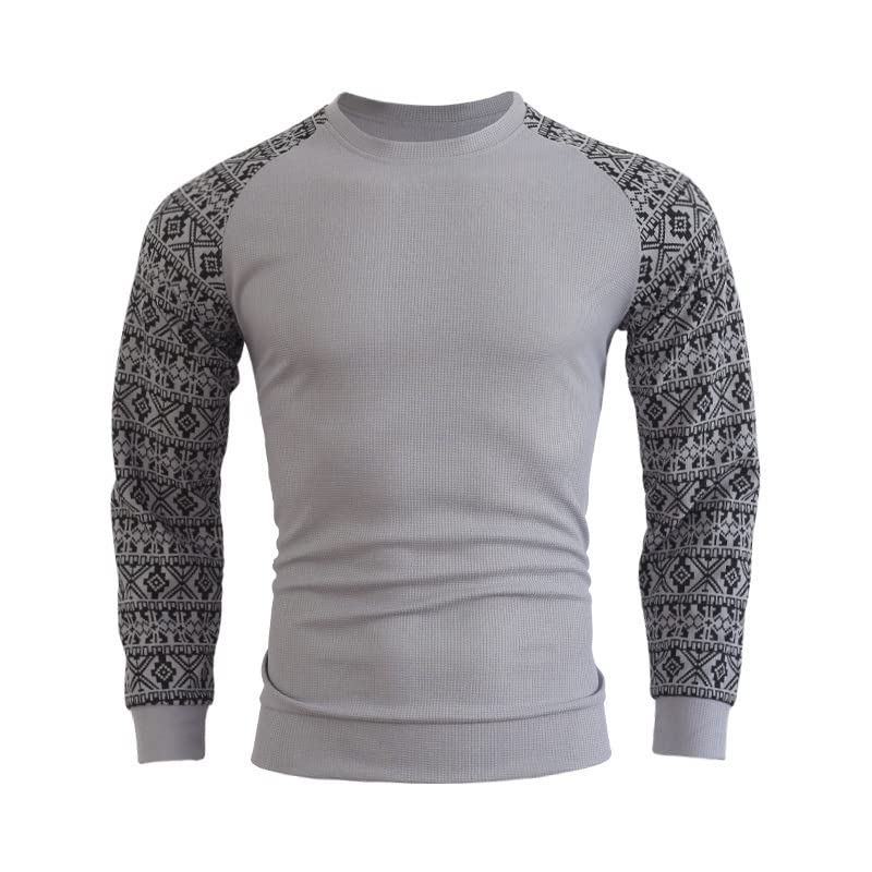 Men's Waffle Shirts Long Sleeve - Casual Slim Fit Undershirts Crew Neck Pullover Tops Light Grey