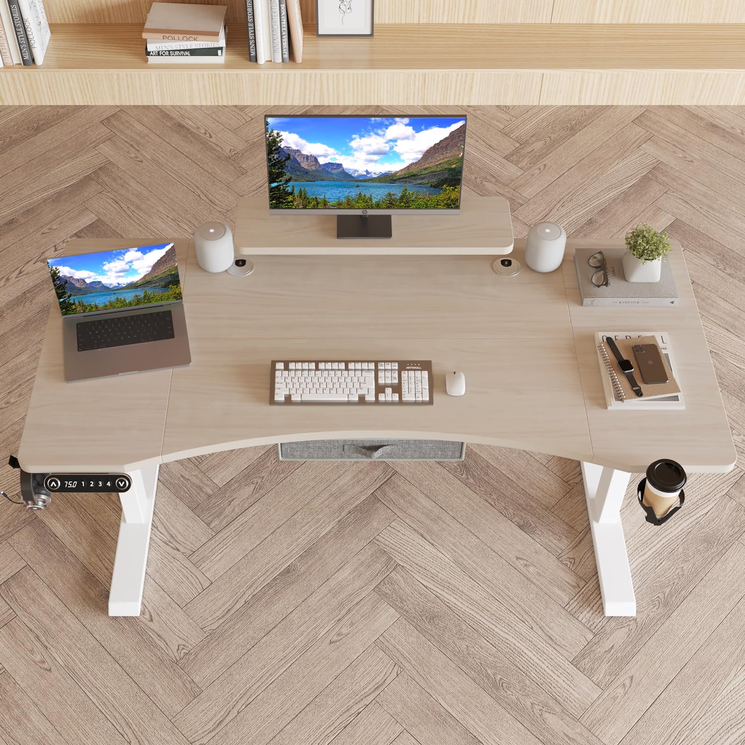 Jceet 63x30 Inches Dual Motor Electric Standing Desk with Drawer, Adjustable Height Sit Stand Up Desk with Storage Shelf, Home Office Desk Computer Workstation with Pale Pearwood Top/White Frame