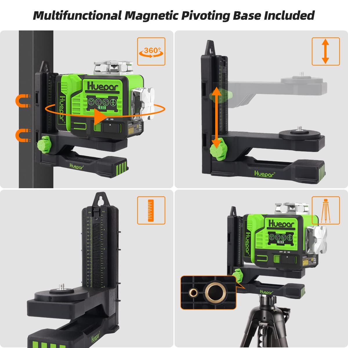 Huepar Laser Level Multi-line - Four Vertical and One Horizontal Cross Lines Laser With Plumb Dot, Green Beam Alignment Self-leveling Laser Tool, 360°Rotating Base & Hard Carrying Case Included NT411G