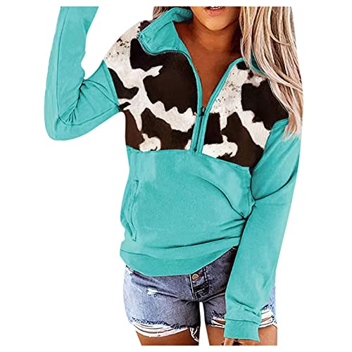 iLUGU Women's Trendy Half Zipper Pullover Patchwork Cow Print Sweatshirt with Pocket Long Sleeve Tops Loose Blouse Shirt Green