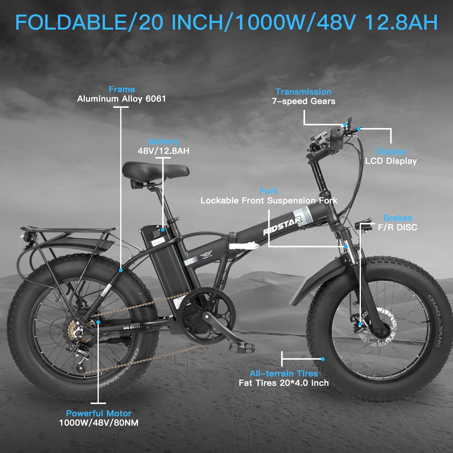 JSILAKOI Folding Electric Bike for Adults with 1000W Brushless Motor 48V 14AH Removable Lithium Battery 28MPH Shimano 7-Speed Foldable Ebike 20" x 4 Fat Tire Lockable Front Fork Suspension