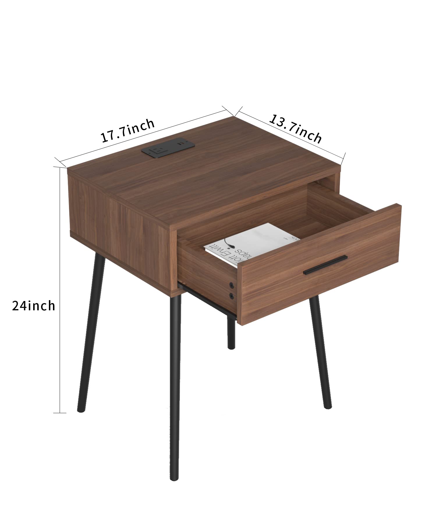 HAIOOU Set of 2 Mid Century Nightstand with Charging Station, End Table Modern Side Table One Drawer with Premium Matte Black Handle and Pine Wood Legs for Home Bedroom Living Room
