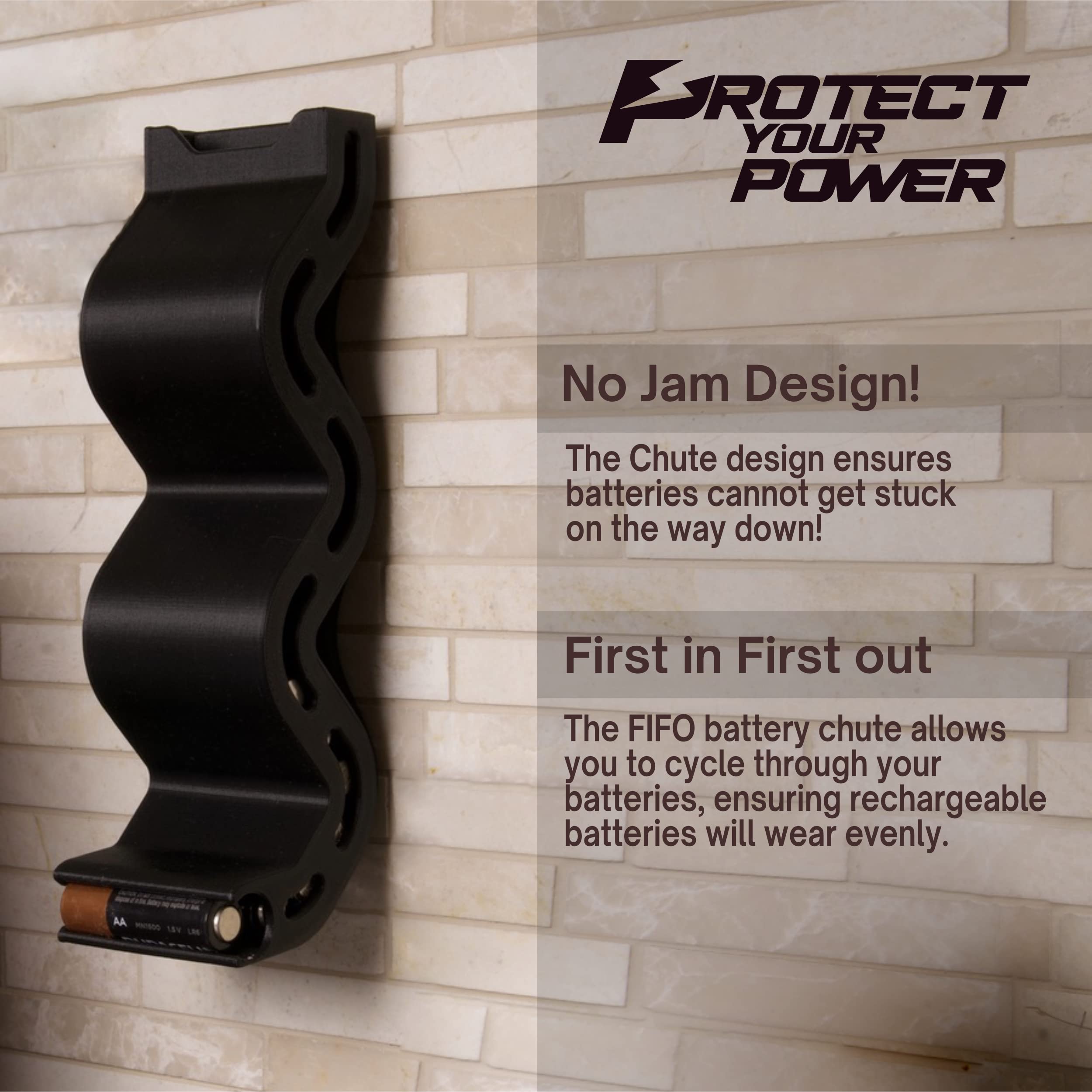 Protect Your Power - AA Battery Chute, Wall Mount Battery Organizer/Battery Dispenser - Black