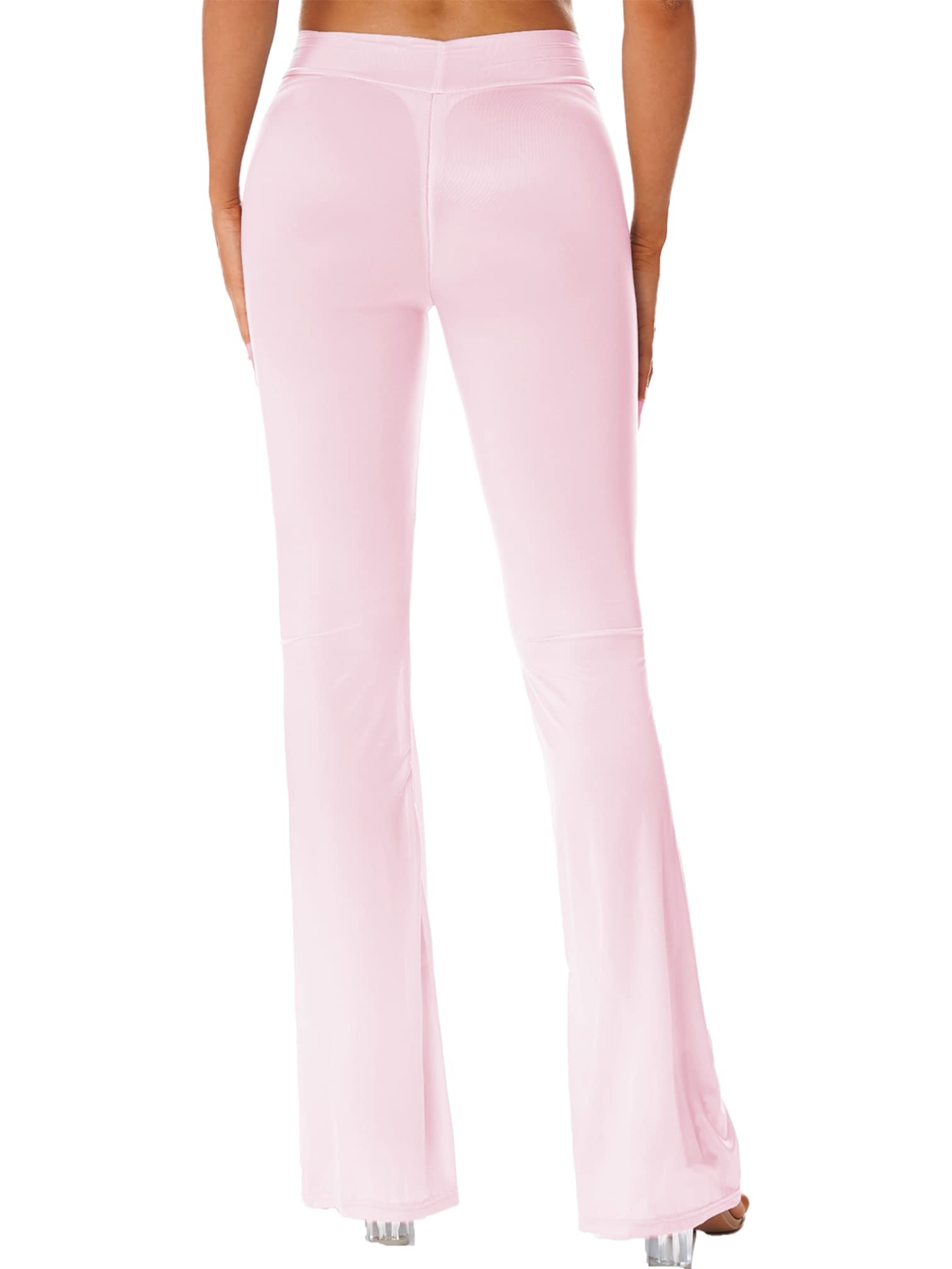 Jhaoyu Women Semi See-Through Zipper Crotch Flare Yoga Pants High Waisted Bootcut Wide Leg Workout Leggings Pink One Size