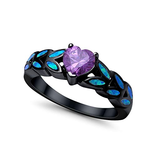 Heart Ring Simulated Purple Amethyst Created Blue Opal Accent Black Tone 925 Sterling Silver, Size - 7