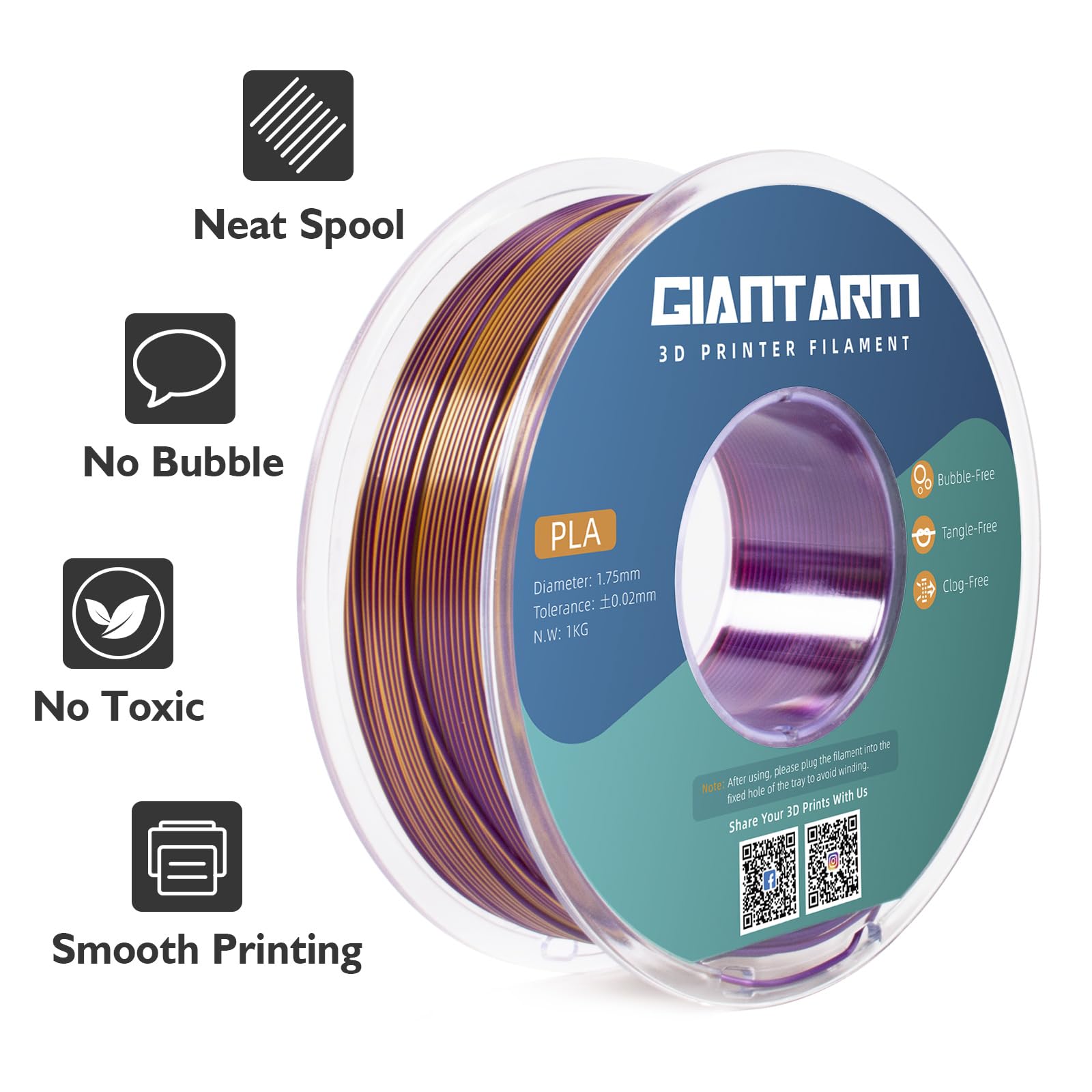 GIANTARM Tri-Colors Silk Pla Filament, 3D Printer Filament 1.75mm +/-0.02mm, 1Kg (2.2lbs) Spool, Vacuum Packaging(Red+Gold+Purple)