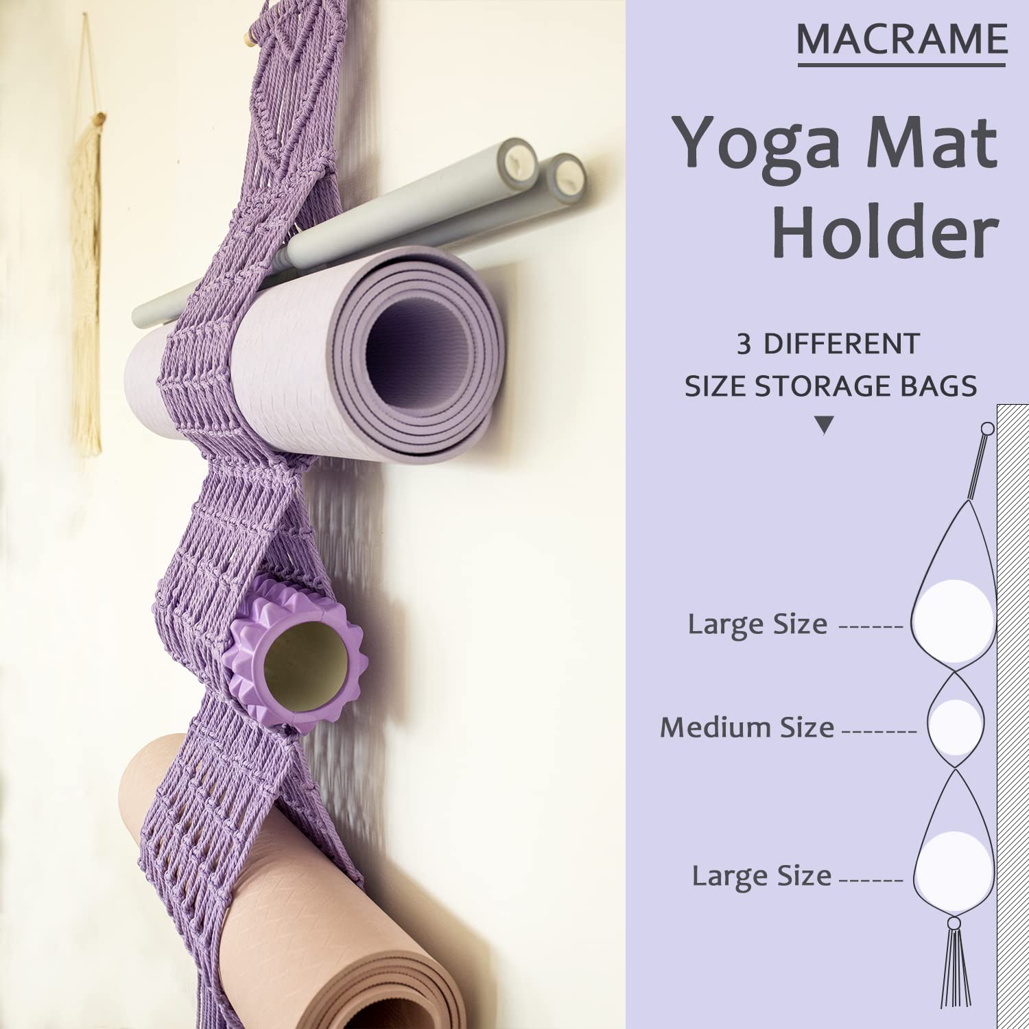 Macrame Yoga Mat Holder Wall Mount Yoga Mat Foam Roller Wall Hanging Rack for Yoga Mat Storage Organizer with 3 Sizes Easy Access Pocket Boho Gym Home Decor-Purple (Pastel Lavender)