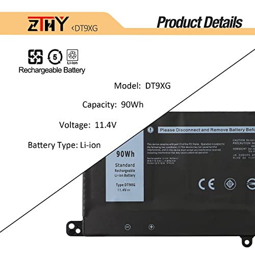 ZTHY 90Wh DT9XG Laptop Battery Replacement for Dell Alienware Area-51m R1 R2 ALWA51M-D1968W D1968B D1969PW D1733B D1746W D1735DB D1733PB D1766W D1748DW D1746B D1766B D1741DB Series 07PWKV 0KJYFY 11.4V