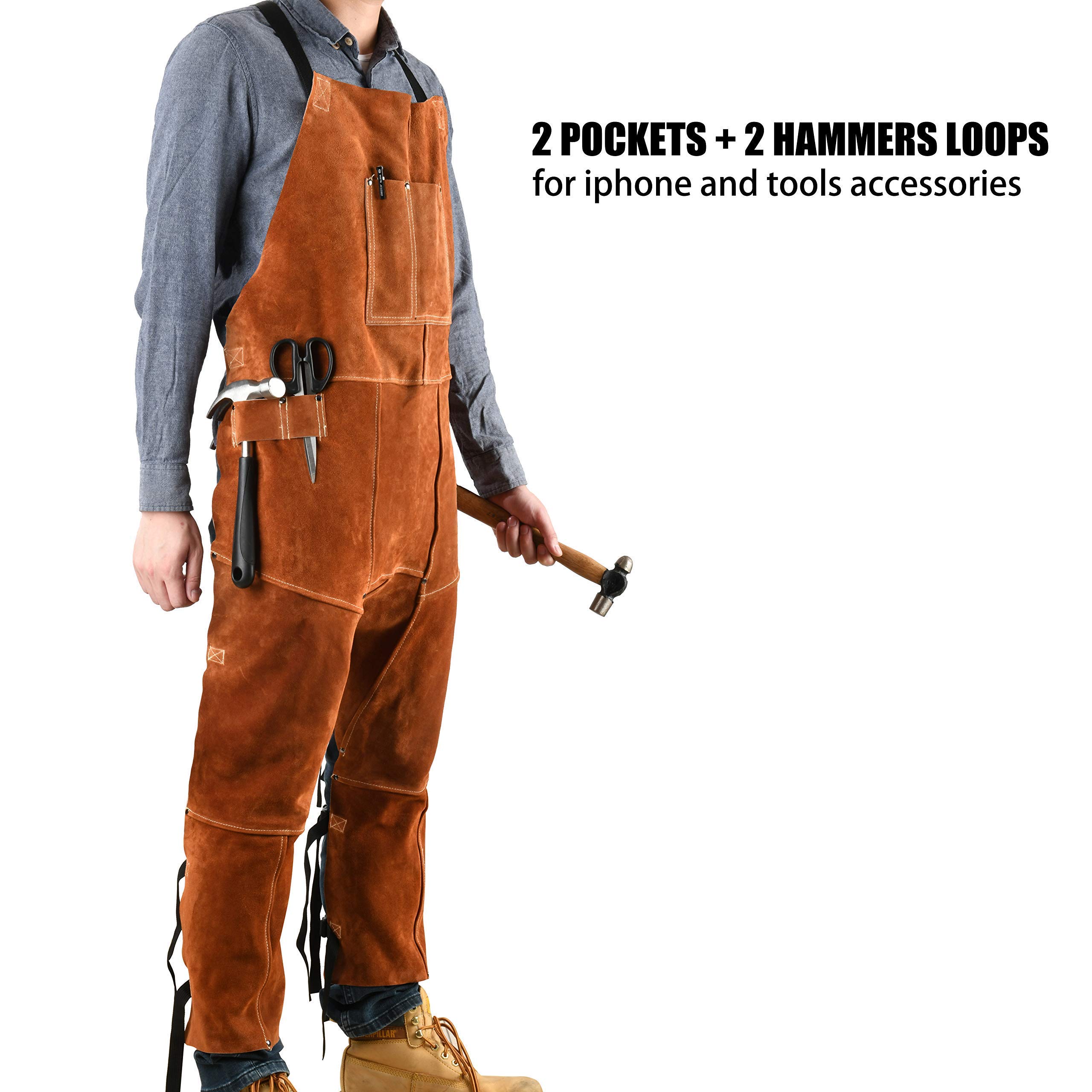 QeeLink Leather Welding Work Jacket with Split Leg Apron Flame-Resistant Heavy Duty Split Cowhide Leather Welder Jackets with Welding Apron for Men & Women, X-Large