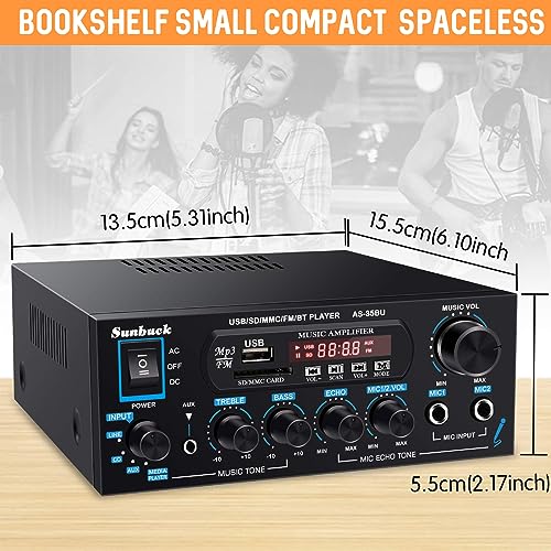 Sunbuck Max 400Wx2 Power Amplifier, 2 Channel Stereo Amplifier, Stereo Receivers with Bluetooth 5.0, Outdoor Speaker Receiver with Remote Control, Hi-Fi Small Amplifier for Speakers, AS-35BU