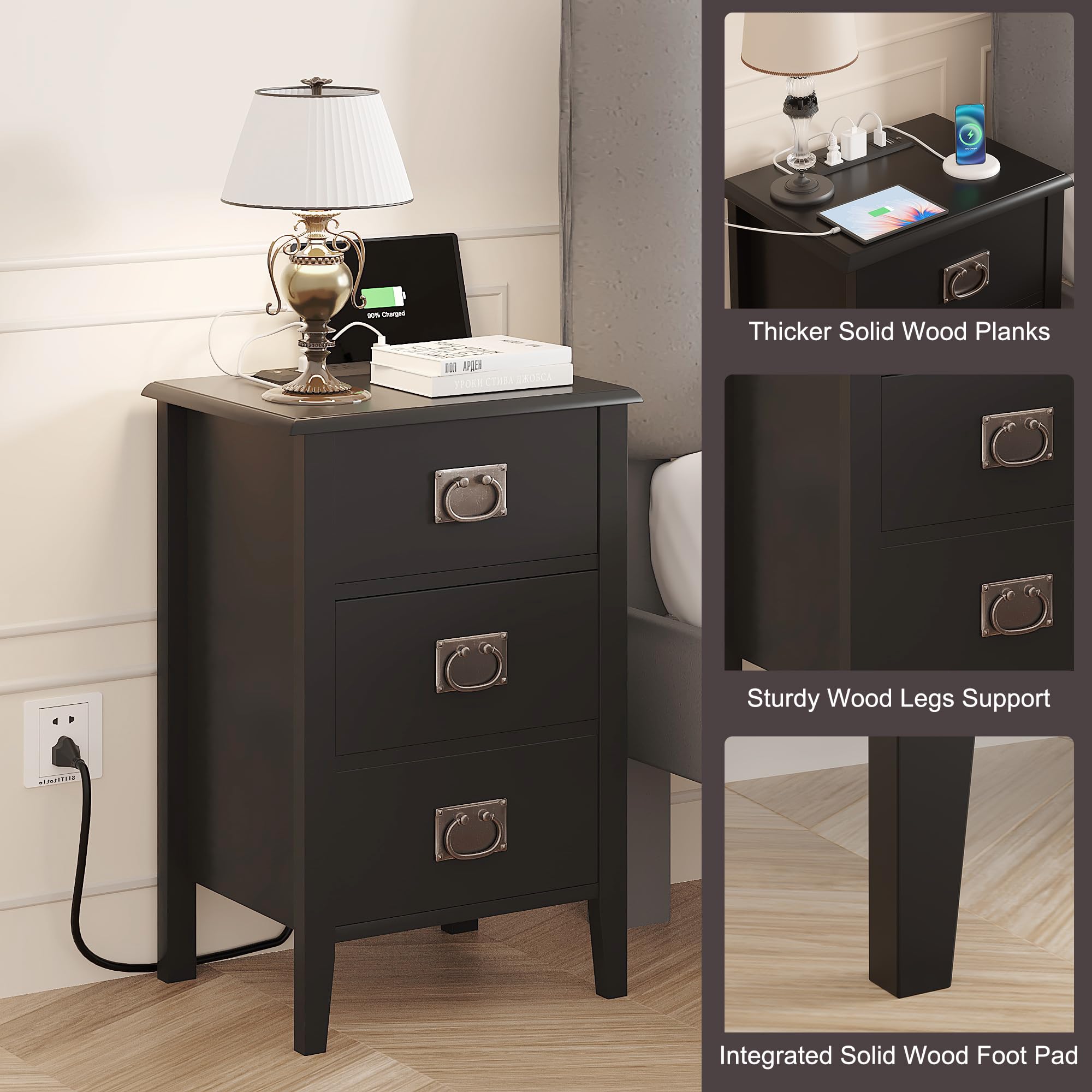 VECELO Nightstand Set of 2 with Storage Drawer and Open Shelf, Vintage Solid Wood Bedside End Tables for Bedroom, Living Room, Small Space, Two Drawers, Brunette Brown