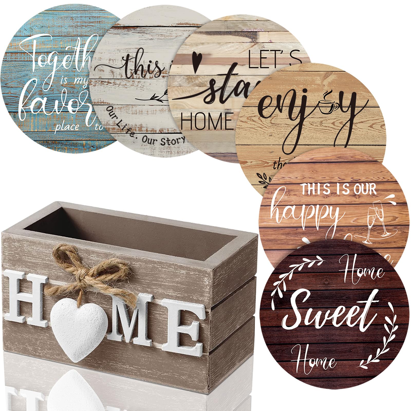 Housewarming Gifts for Home Decoration Wooden Heart Coasters for Drinks Set of 6 Farmhouse Coasters with Holder Funny for Family Friend Coffee Table Protection, 4 Inch (Brown, Multicolored)