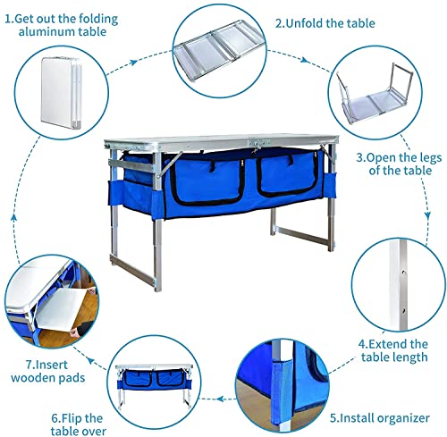 JooMoo Folding Camping Table with Storage - Portable Outdoor Aluminum Picnic Tables with Organizer and 2 Chairs, 3 Adjustable Heights, Lightweight Dining Table for Camp Beach Party BBQ