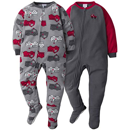 Gerber Baby Boys Toddler Loose Fit Flame Resistant Fleece Footed Pajamas 2-Pack, Gray/Red Fire Truck, 18 Months
