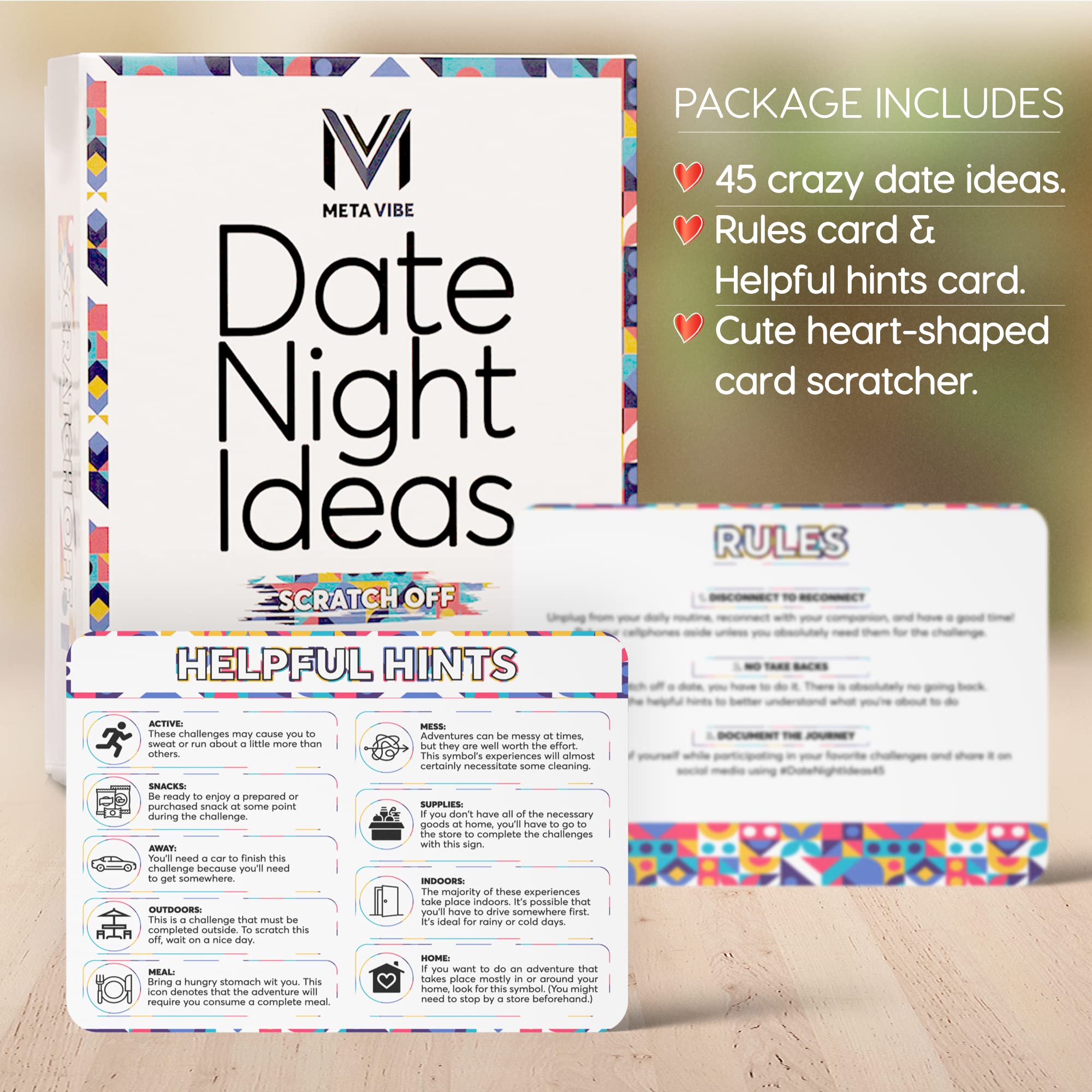 Meta Vibe Date Night Ideas for Couples - Adventure Together and Ignite Romance with Unique Date Plans - Fun Game for Anniversaries - Valentines Box Kit with 45 Scratch-Off Cards