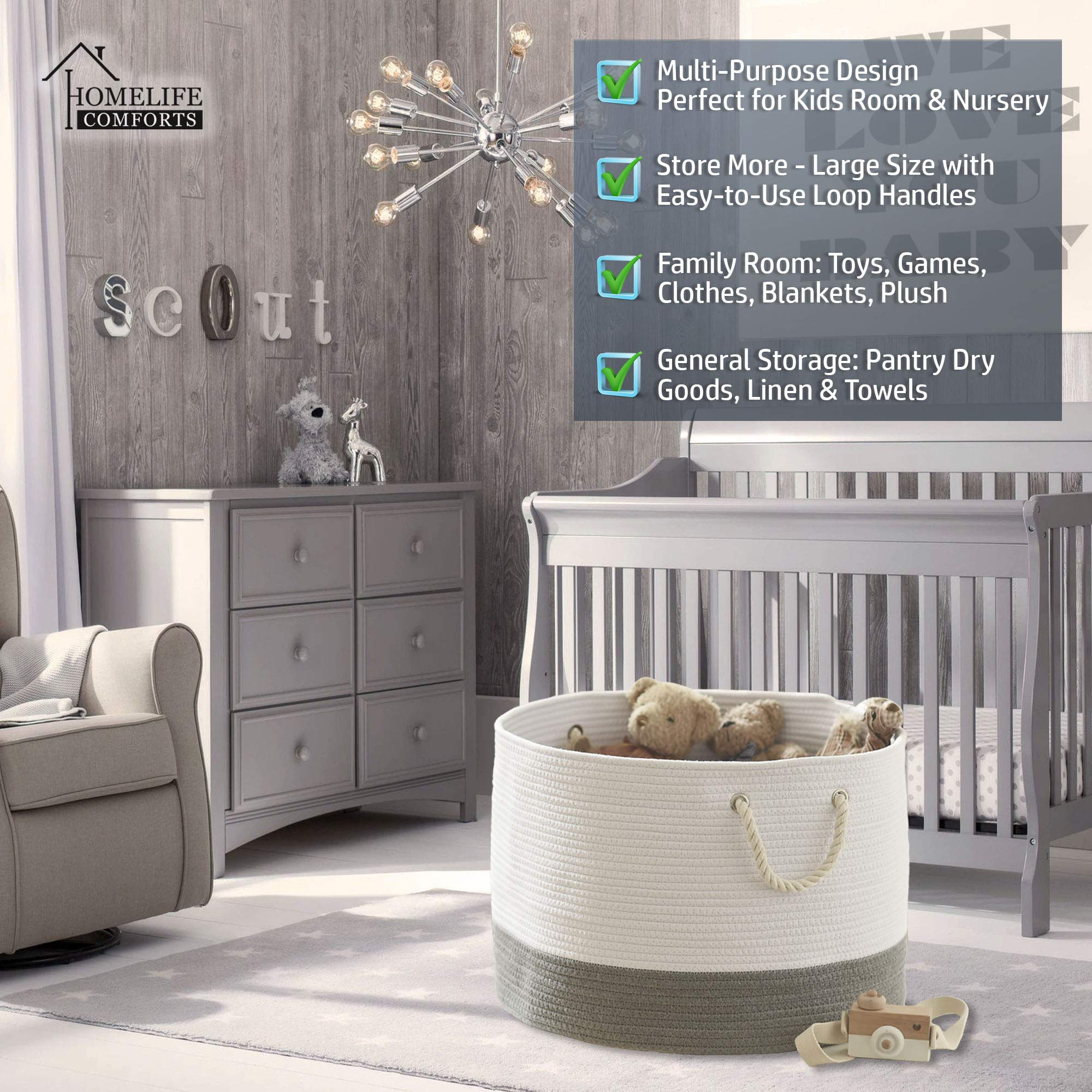 HomeLife Comforts XXL Woven Cotton Rope Basket | 20"x13" Blanket Pillow Towel Baby Toy Nursery Storage Organizer | Decorative Clothes Hamper Bin | Extra Large White Grey as Decor Gift for Laundry Room