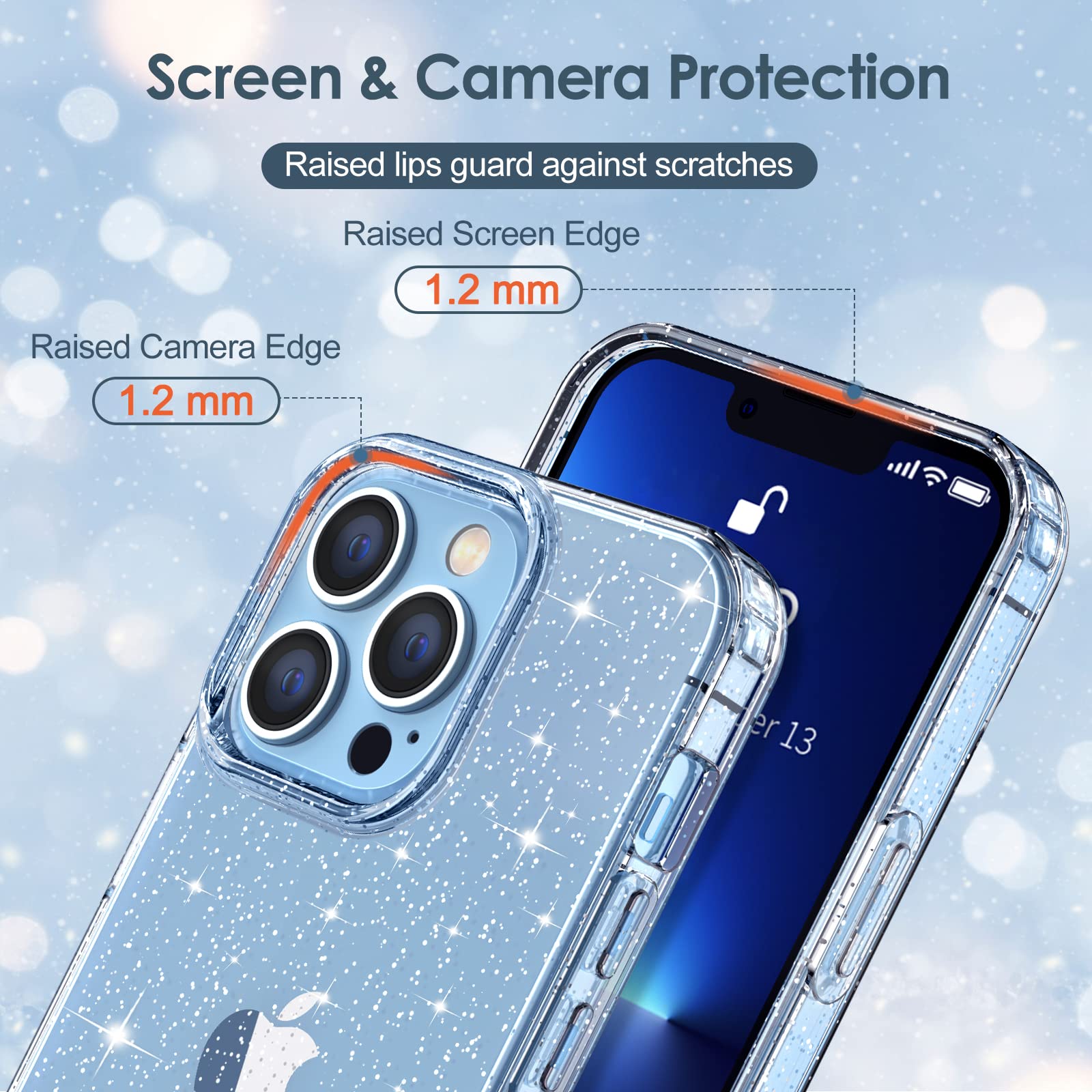 Hython Case for iPhone 13 Pro Case Glitter, Cute Sparkly Clear Glitter Shiny Bling Sparkle Cover, Anti-Scratch Soft TPU Thin Slim Fit Shockproof Protective Phone Cases for Women Girls, Clear Glitter