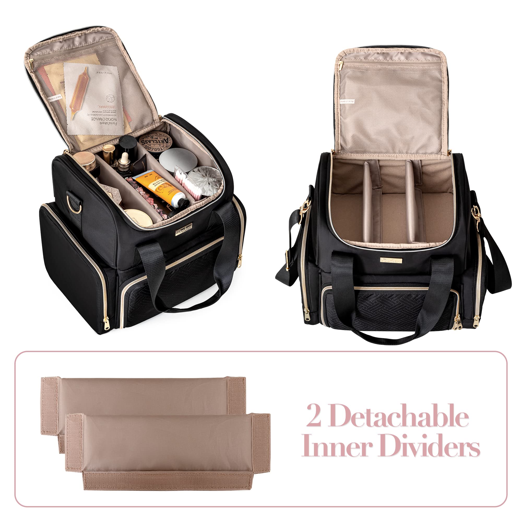 Prokva Large Cosmetic Bag with 3 Removable Case, Double Layer Travel Organizer with Inner Dividers and Makeup Brushes Storage Section, Black (Patented Design)