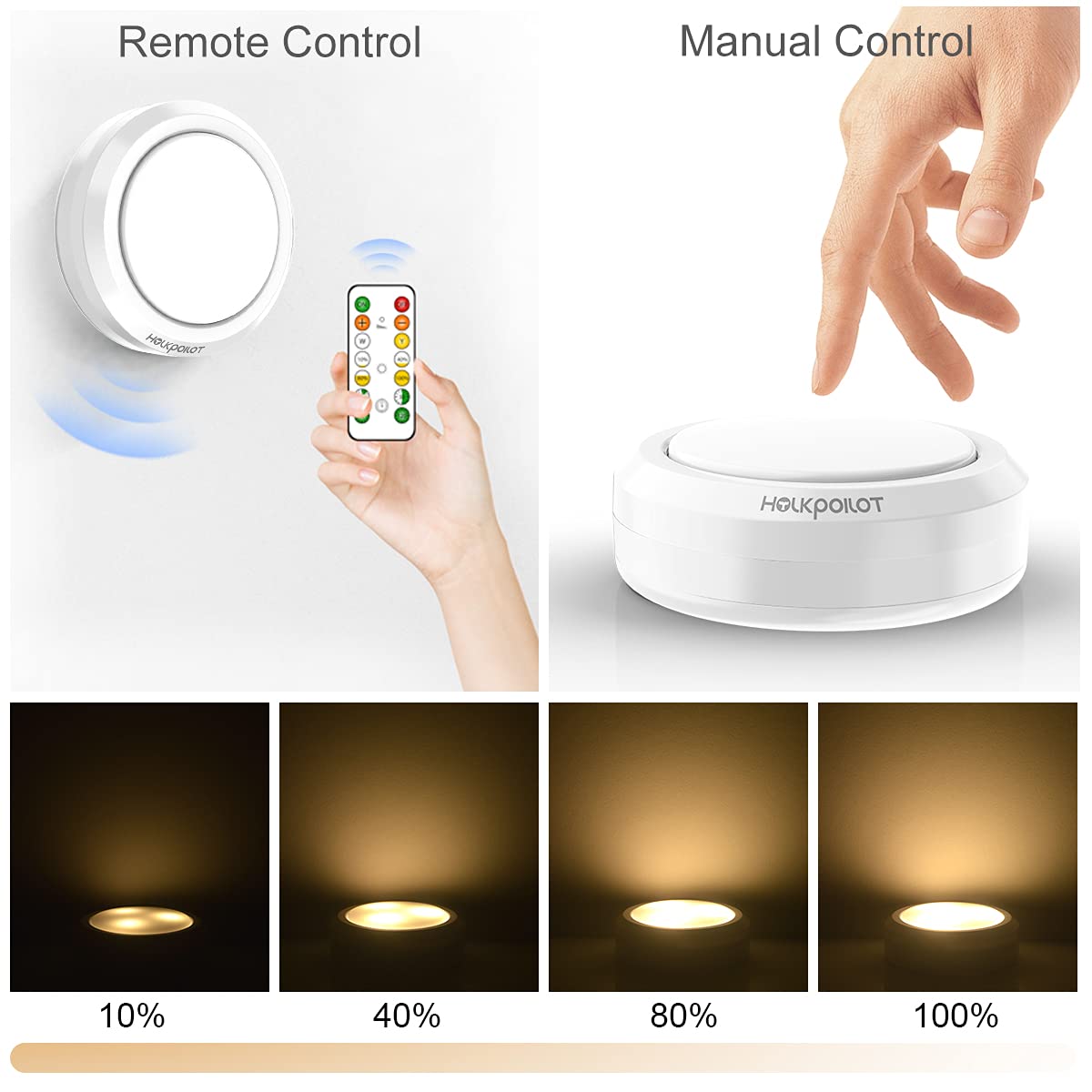 HOLKPOILOT Puck Lights with Remote Control, Under Cabinet Lighting Battery Operated, Under Counter Cabinet Puck Lighting, Kitchen Cabinet Lights Wireless Stick On Lights White (4pack)