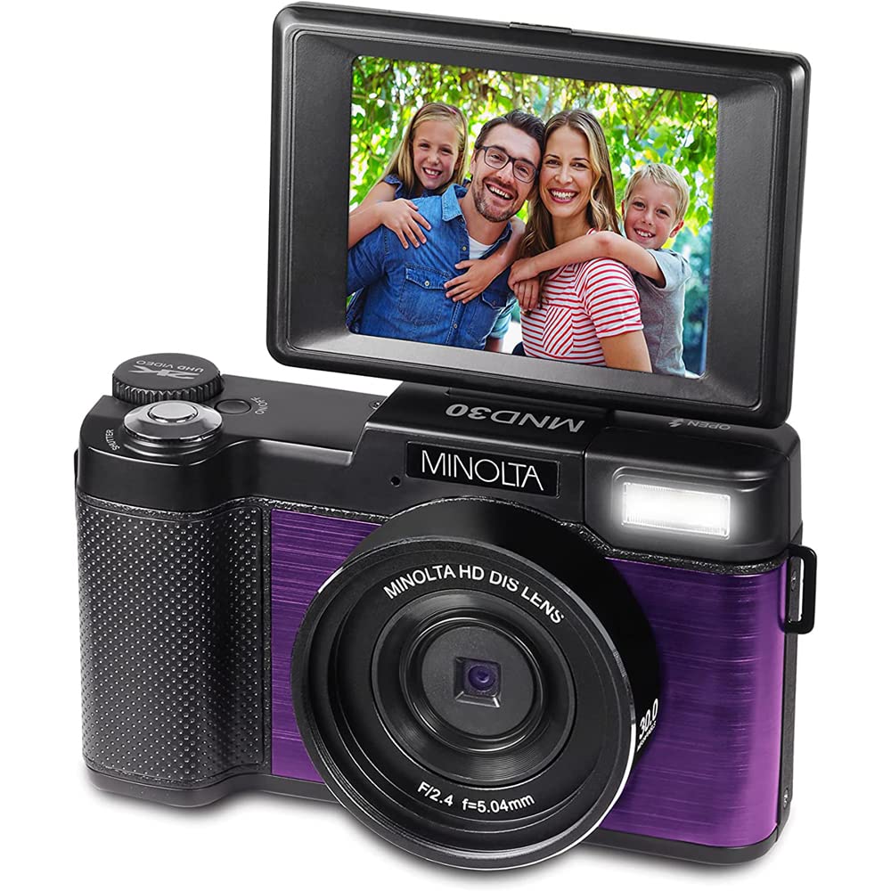 Minolta MND30-P 30MP 2.7K Ultra HD 4X Zoom Digital Camera (Purple) Bundle with Deco Photo Point and Shoot Field Bag Camera Case (Black/Red)