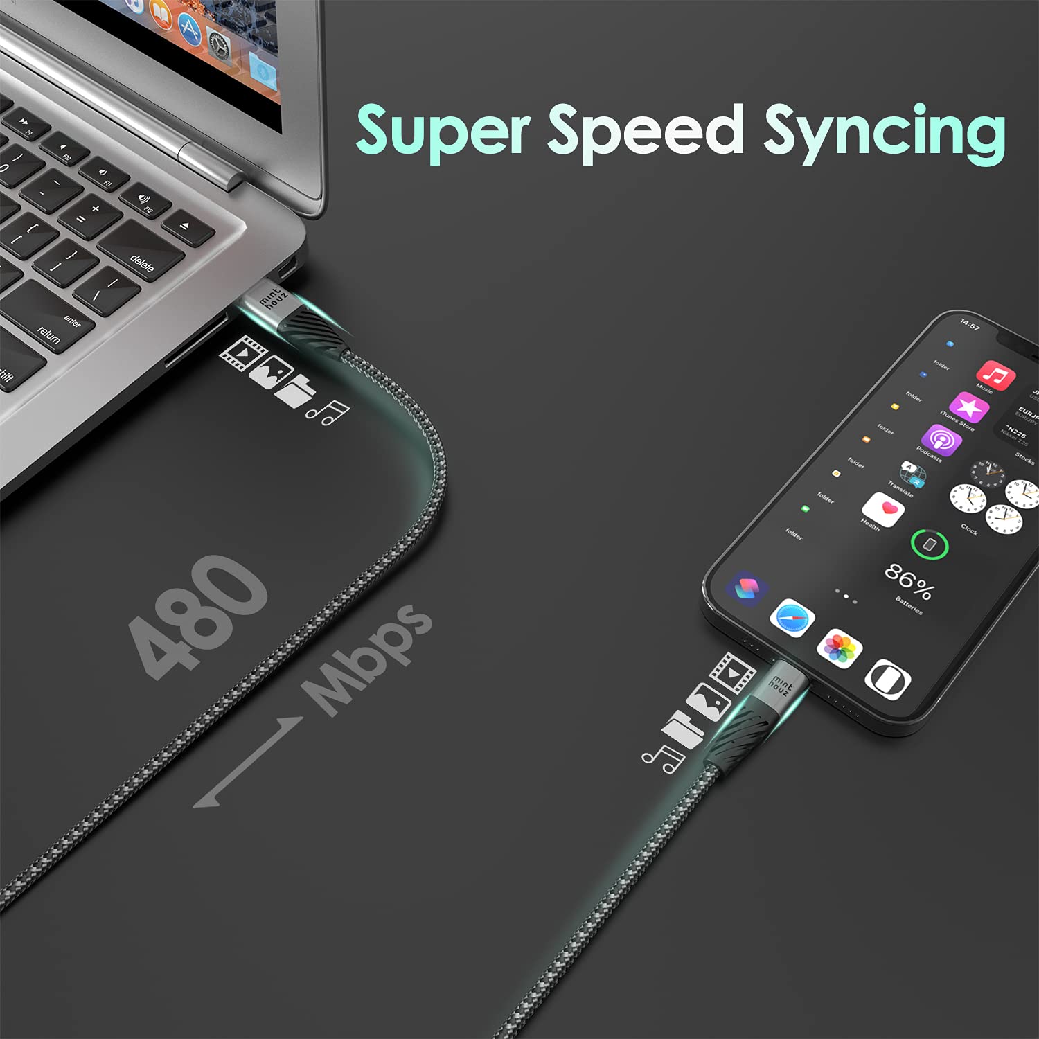 Minthouz 60W iPhone Charger Lightning Cable - MFi Certified Lightning Cable ompatible with iPhone 13/12/11 Pro Max Xs X iPad Air [1-Pack 3ft]