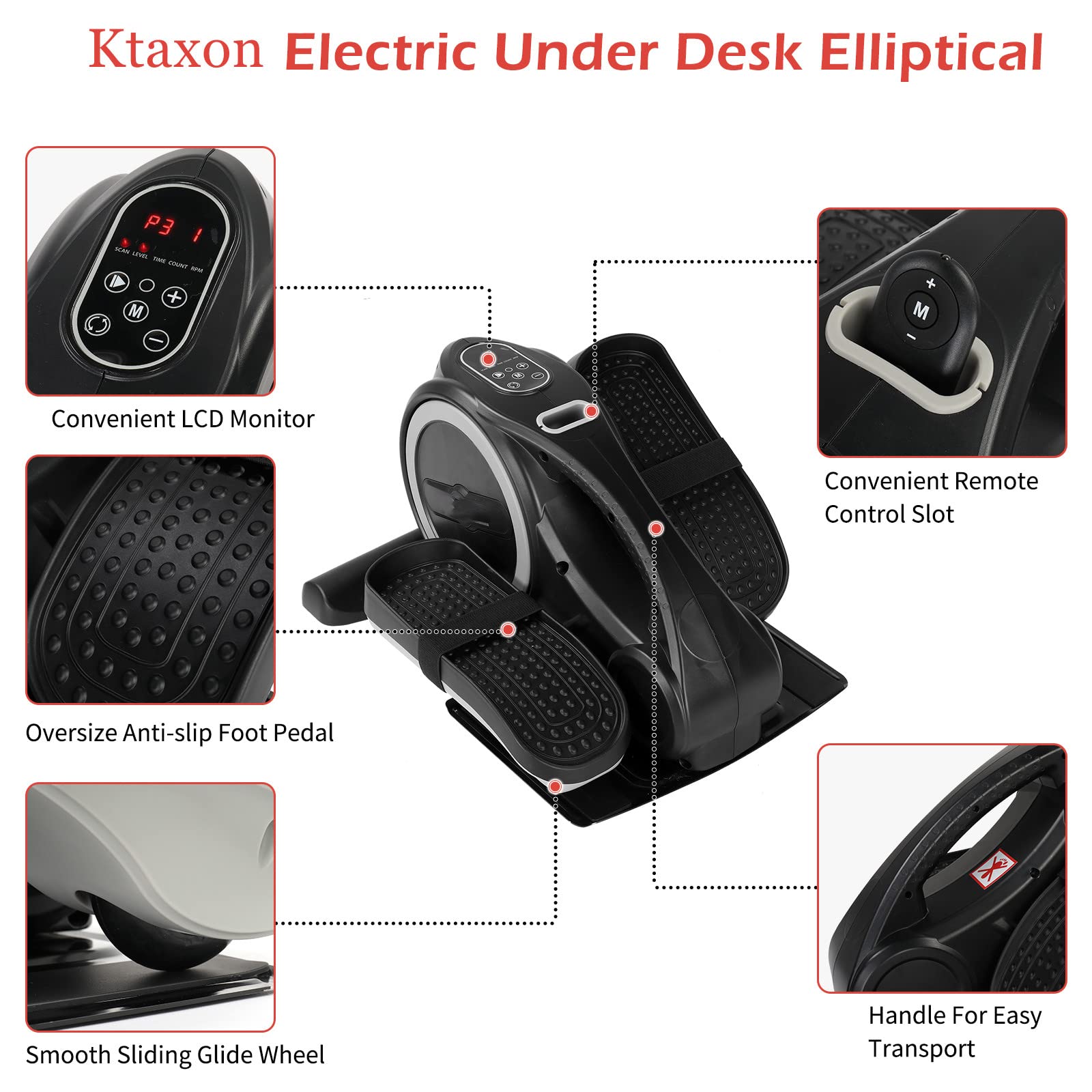 Ktaxon Electric Elliptical, Elliptical Machine Under Desk Elliptical with Remote Control, LCD Display, 5 Speed Adjustment, 3 Automatic Mode, 100% Assembled and Portable Design(Red)