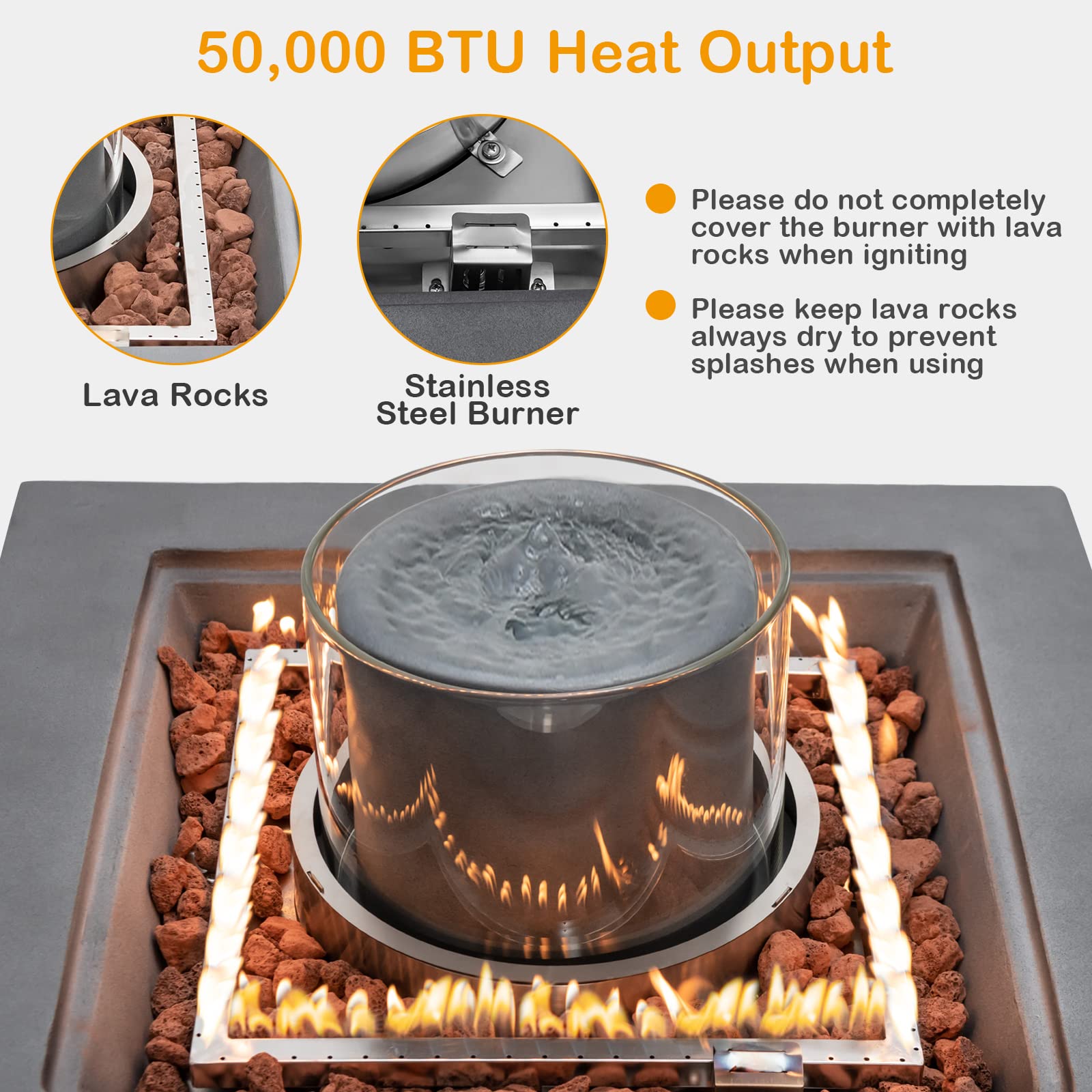 Giantex Fountain Fire Pit Table - 50,000 BTU Square Fire Table w/Middle Fountain, Wind Glass, Stainless Steel Burner, PVC Cover, CSA & UL Certificated, 28β Firepit for Patio, Poolside, Backyard,Gray