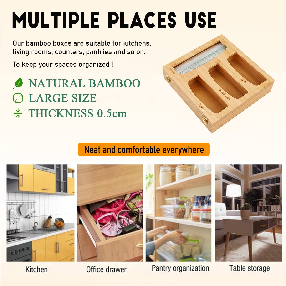 Housedeco Ziplock Bag Storage Organizer,Bamboo Kitchen Drawer Organizer Dispenser with lids,Suitable for Gallon,Quart,Sandwich & Snack Variety Size Ziplock Bag