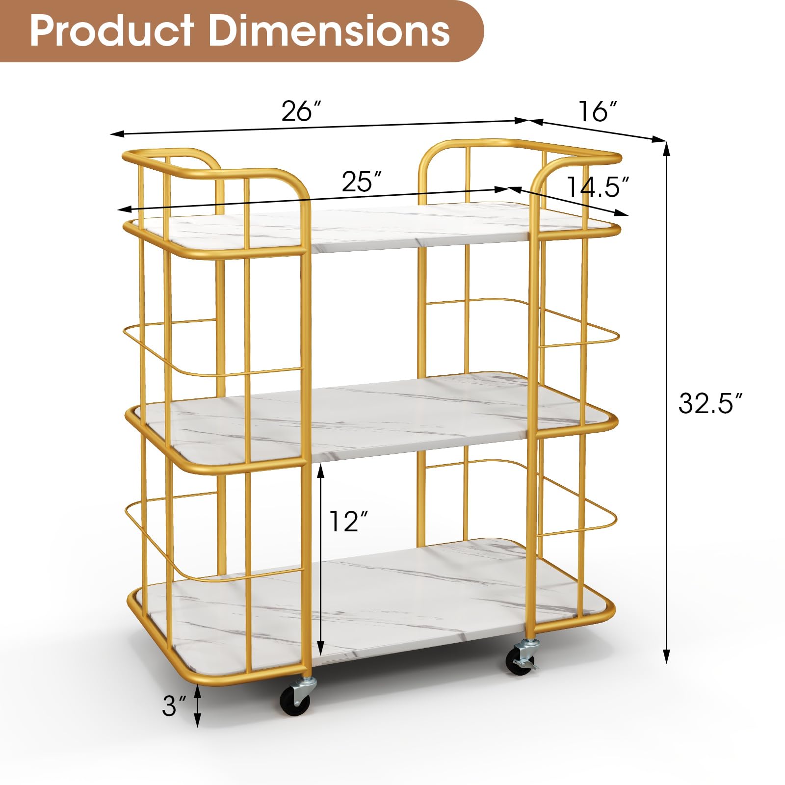 Giantex Gold Bar Cart, Home Island Service Cart, 3 Tier Storage Shelves with Guardrail, Imitation Marble Top, Kitchen Utility Trolley on Wheel Lockable for Dining Room Wine Coffee Bar White (1)