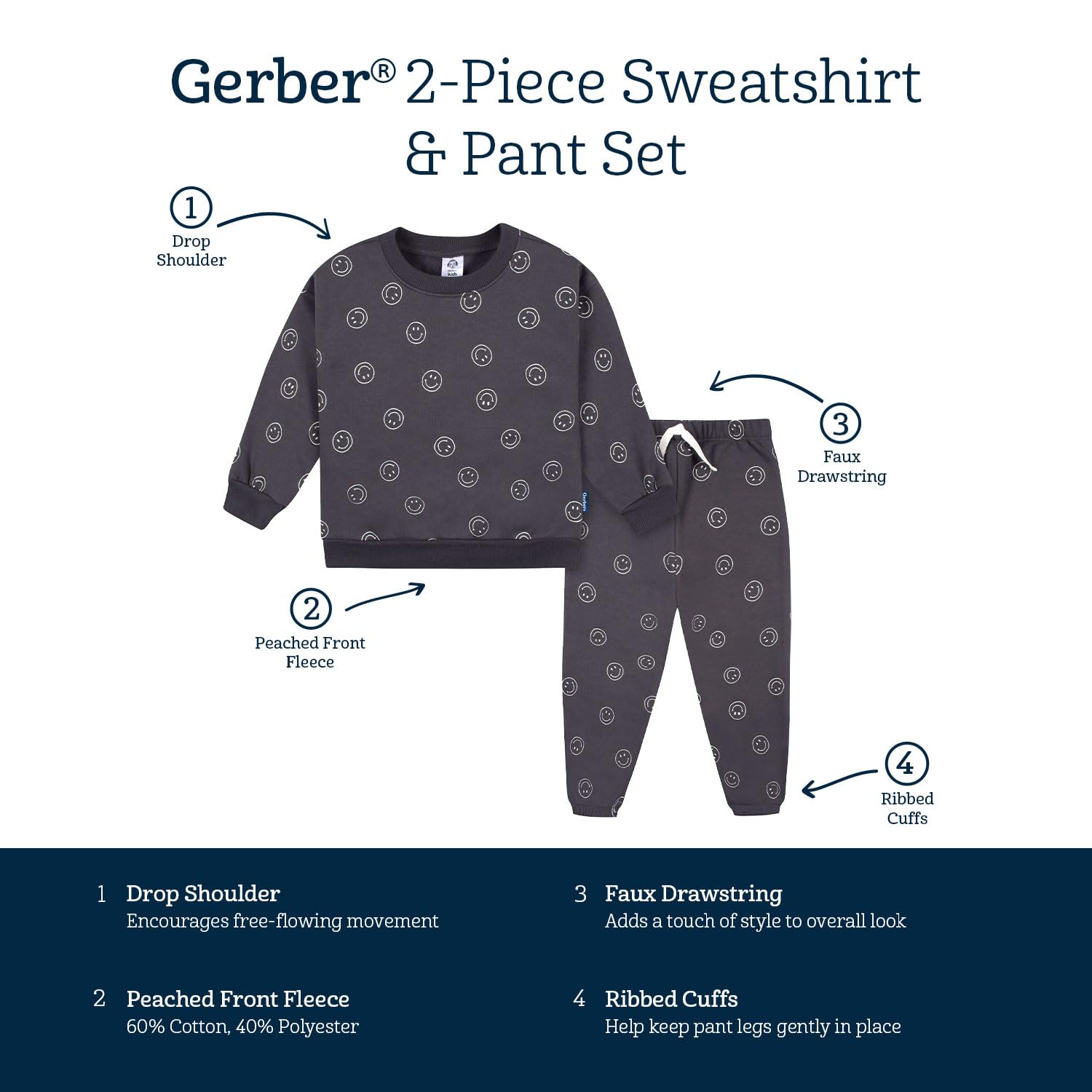 Gerber Baby Boys Toddler 2-Piece Fleece Sweatshirt and Jogger Set, Charcoal Smiley, 4T