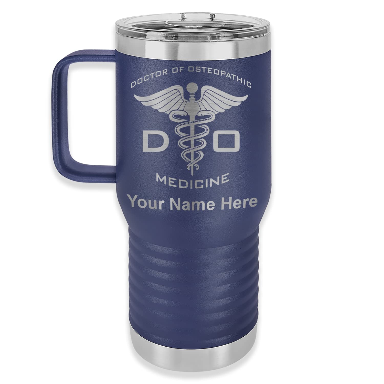 LaserGram 20oz Vacuum Insulated Travel Mug with Handle, DO Doctor of Osteopathic Medicine, Personalized Engraving Included (Navy Blue)