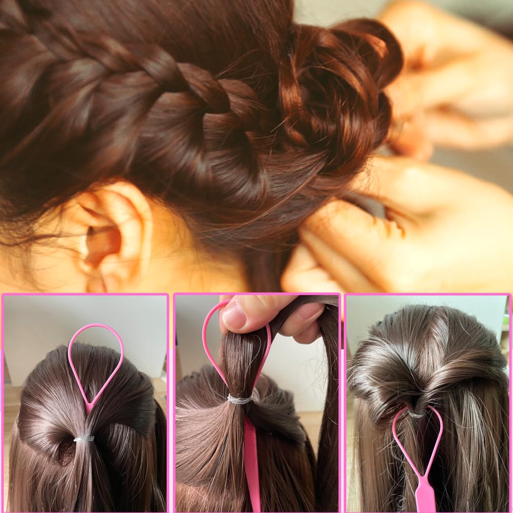 Hair Tail Tools,BEBEEPOO 2 Pairs Topsy Tail Tools Braid Accessories Ponytail Maker,French Braid Loop for Hair Styling,with 100pcs black Rubber Hair ties and 100pcs Clear Elastic Hair Bands