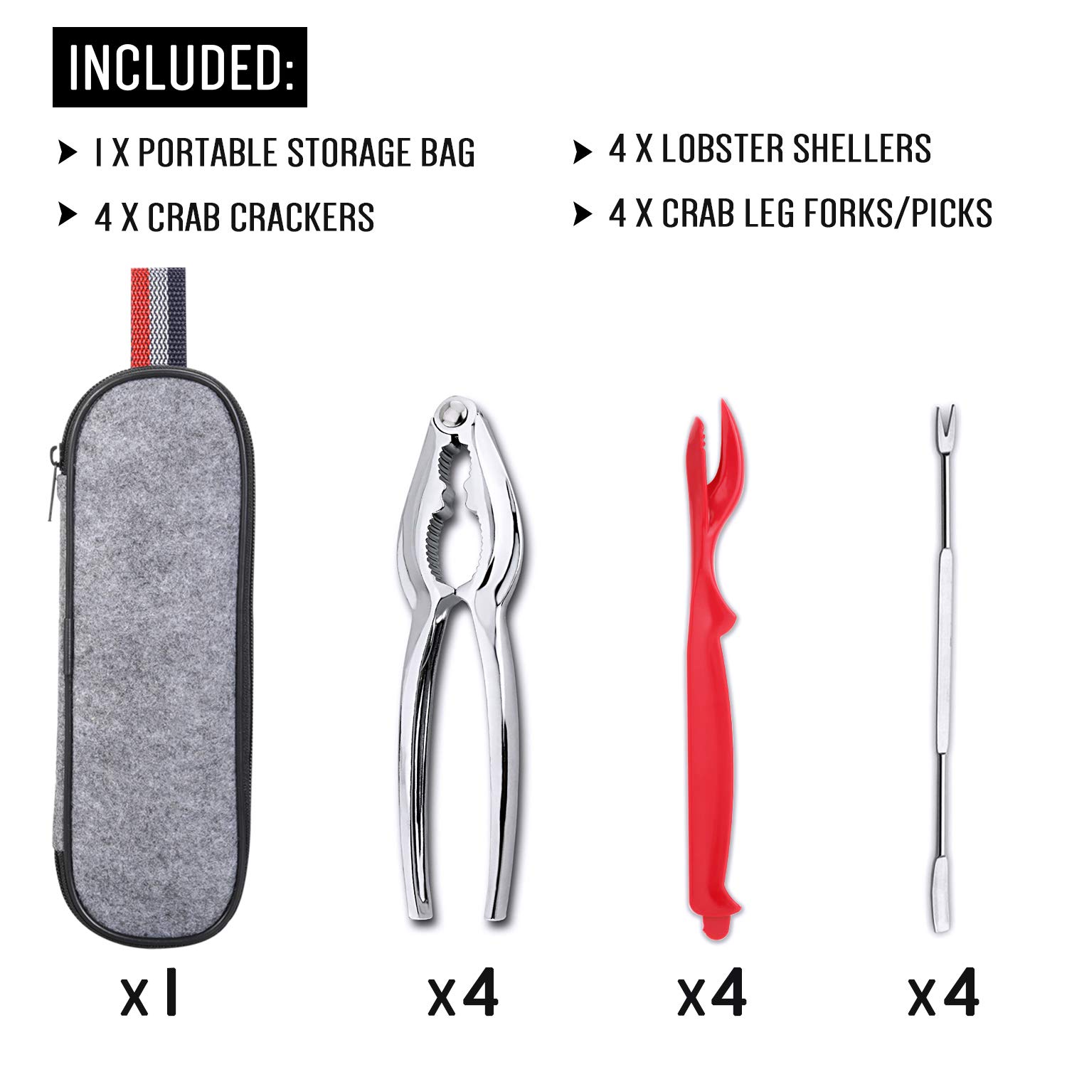 Hiware 13-piece Crab & Lobster Crackers and Tools Set Includes 4 Crab Leg Crackers, 4 Lobster Shellers, 4 Crab Forks/Picks and 1 Portable Bag - Dishwasher Safe