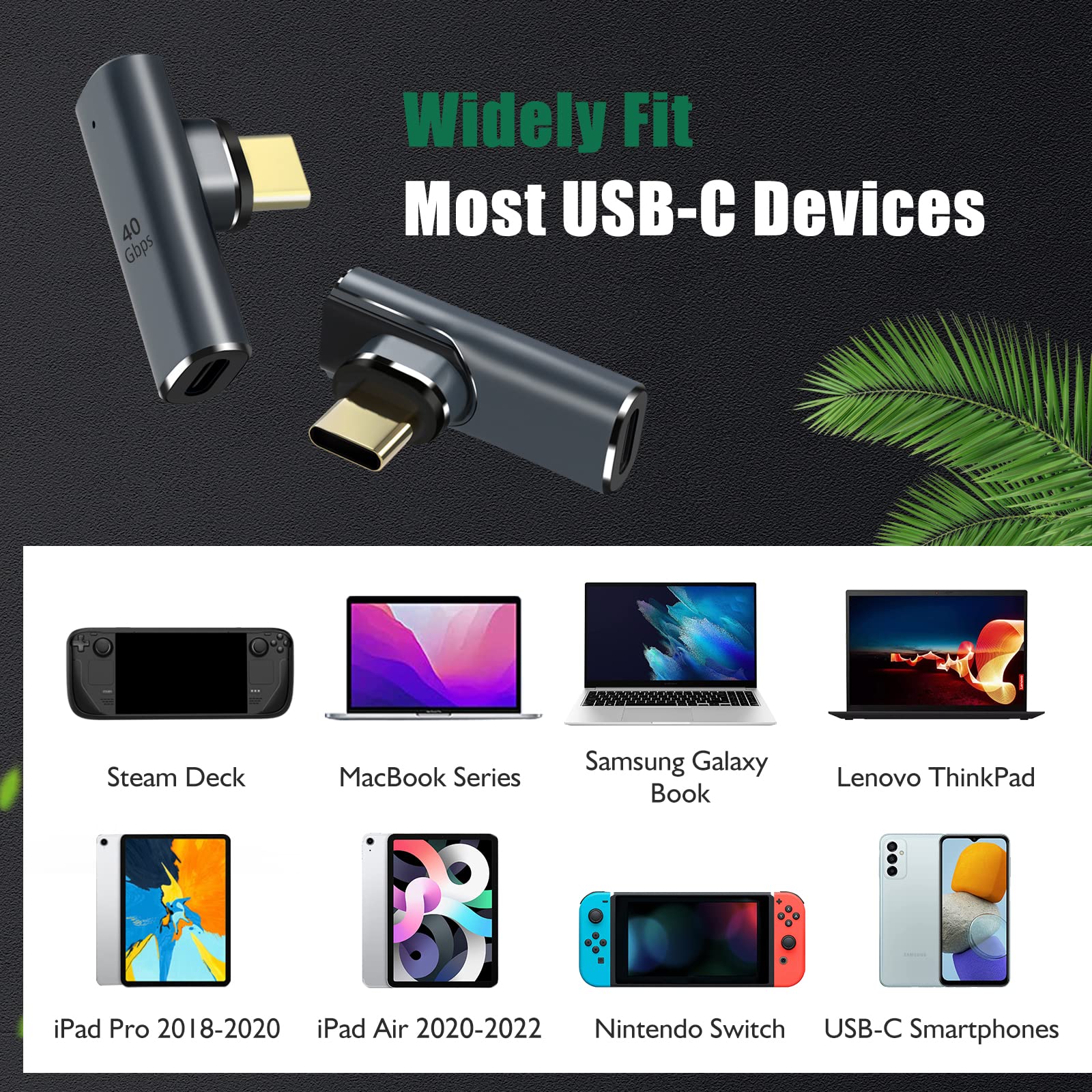 MoKo USB C Magnetic Adapter 2 Pack, 90 Degree Magnetic Breakaway USB C Adapter 24 Pin with PD 100W Charge USB4 40Gbps 8K Video for Thunderbolt 3/4, MacBook Pro/Air/ROG Ally/Steam Deck/PS5 PSVR2, Flat