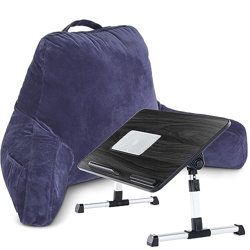Husband Pillow Combo - Backrest Pillow with Arms : Standard Dark Blue & Lap Desk Bed Tray : Grey - Memory Foam Reading Pillows for Bed & Laptop Bed Tray Table