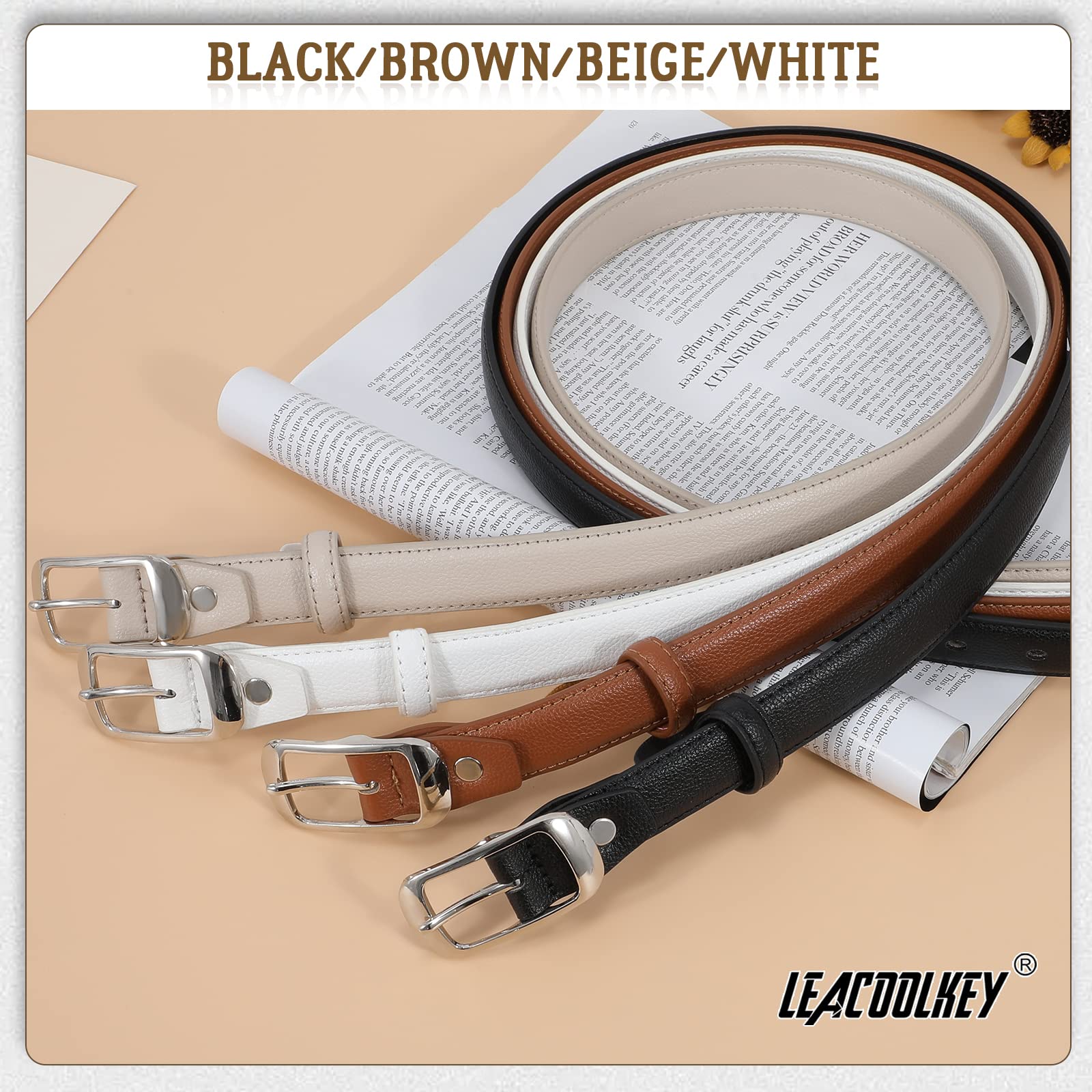 LEACOOLKEY Women Leather Belt for Jeans Pants Solid Fashion Waist Belt for Dress with Silver Pin Buckle
