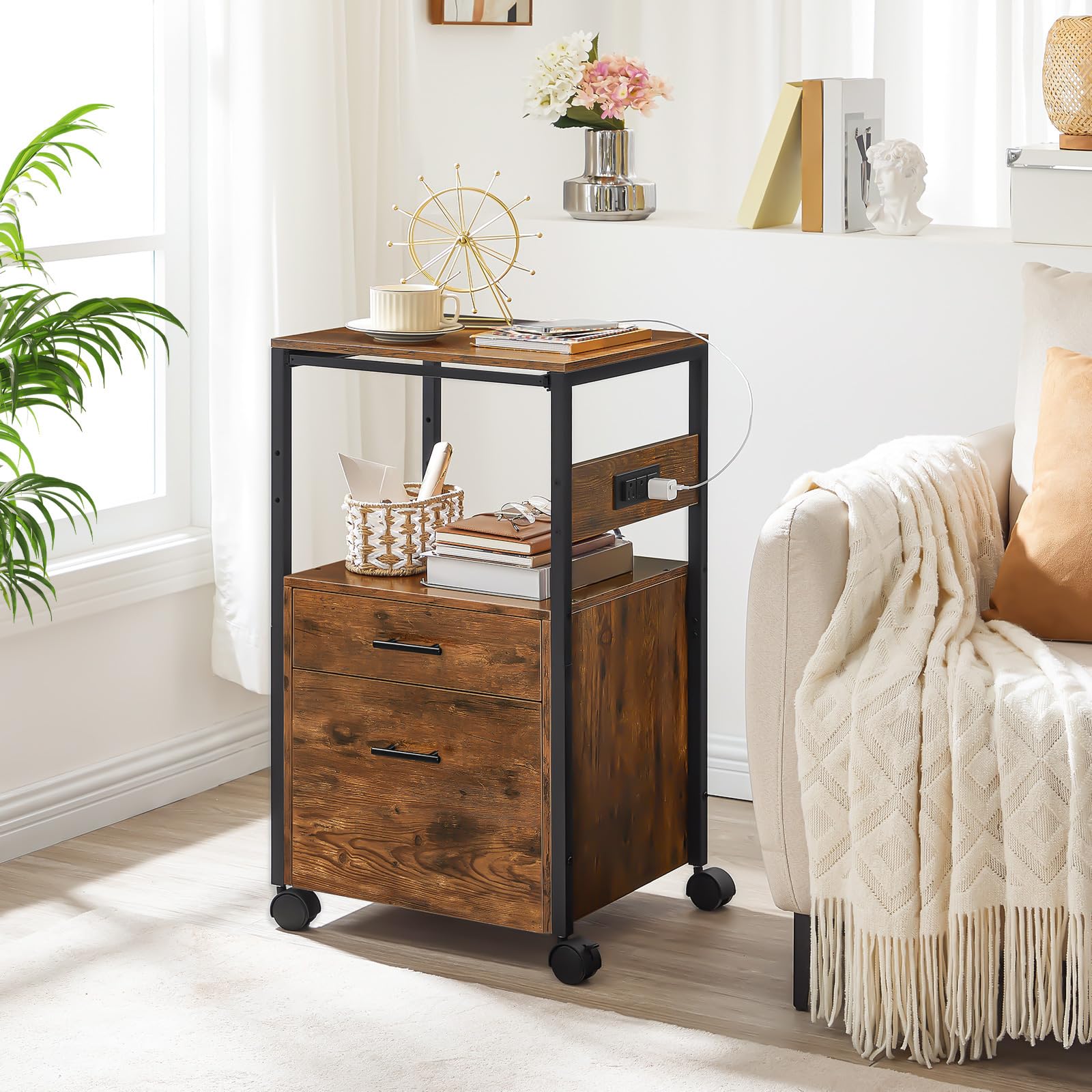 HOOBRO 2 Drawer File Cabinet, Mobile Printer Stand with Open Storage Shelf, Filing Cabinet with Charging Station, Wooden Office Cabinet fits A4/Letter Size, Rustic Brown and Black BF80UWJ01