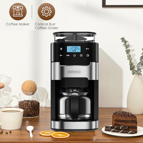 HOMOKUS 10-Cup Coffee Maker with Grinder, Touch Screen, Automatic Brew, Warming Plate, 1.5L Water Tank, Removable Filter - For Home and Office