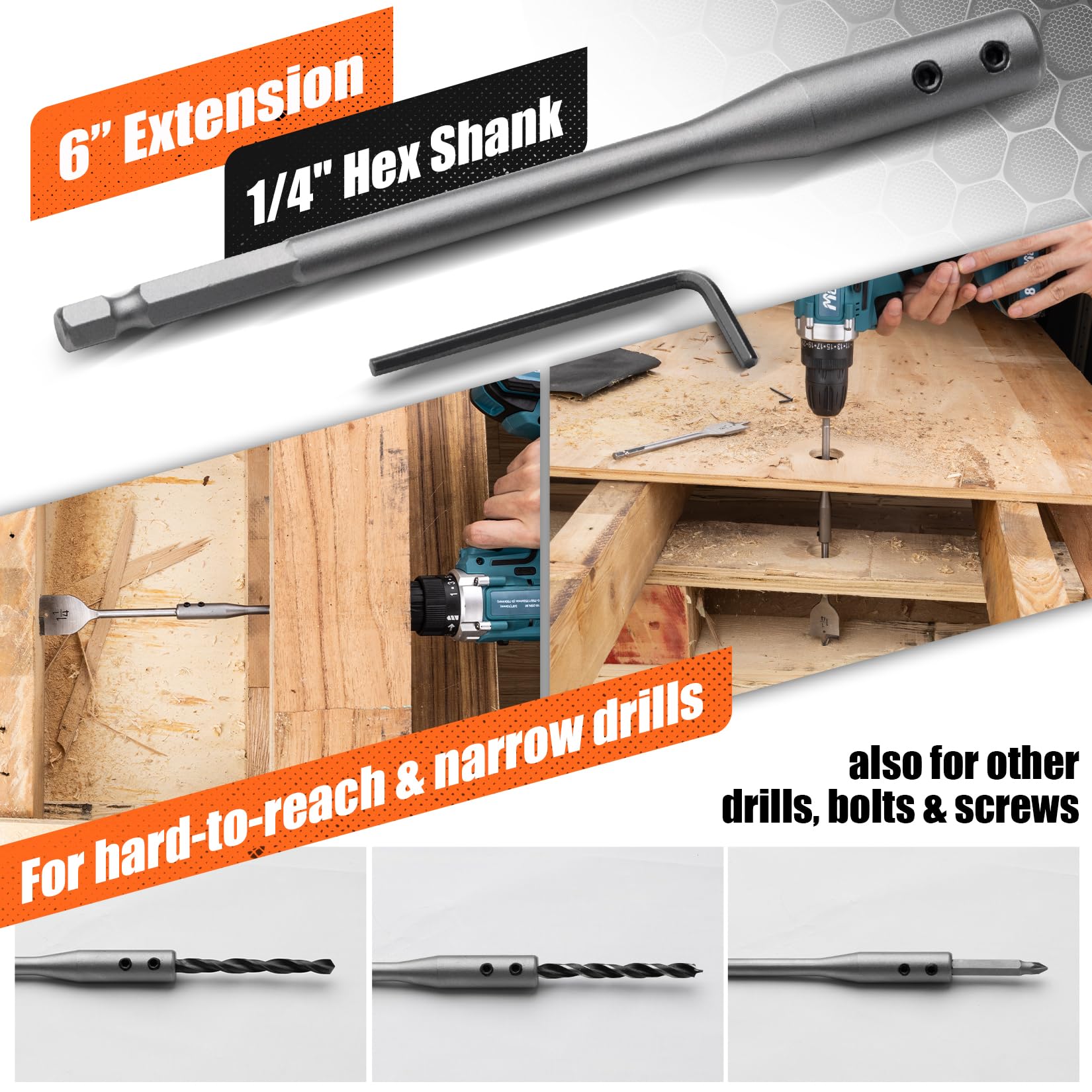 PINOZE 14-Piece Spade Drill Bit Sets with 6β Extension, Paddle Flat Bit for Hole Cutter Woodworking, 1/4" to 1-1/2", Quick Change 1/4 inch Hex Shank, Nylon Storage Pouch Included