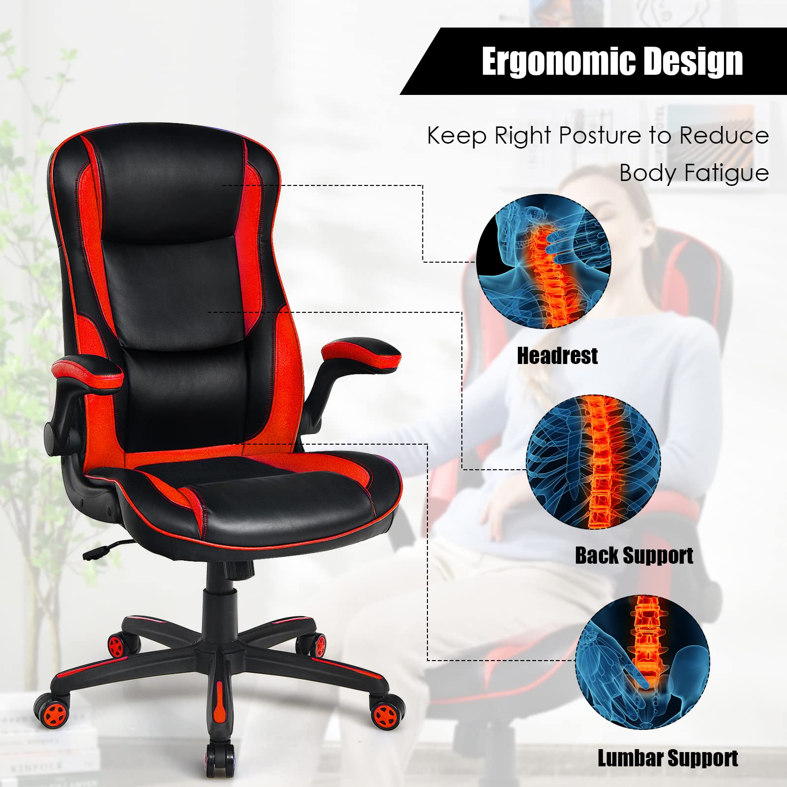 Giantex Racing Style Computer Gaming Chair, High Back Video Game Chair with PVC & PU Leather Seat, Rocking Backrest, Ergonomic Swivel Computer Chair, Home Office Executive Task Chair (Red)