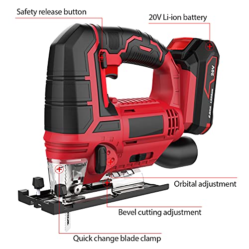 Jigsaw, 20V Cordless Jig Saw for Woodworking with LED, 4 Orbital, Variable Speed, ±45°Bevel Angle, 10PCS Blades, Scale Ruler, Tool-free Blade Changing, Battery & Carrying Bag & Fast Charger Included