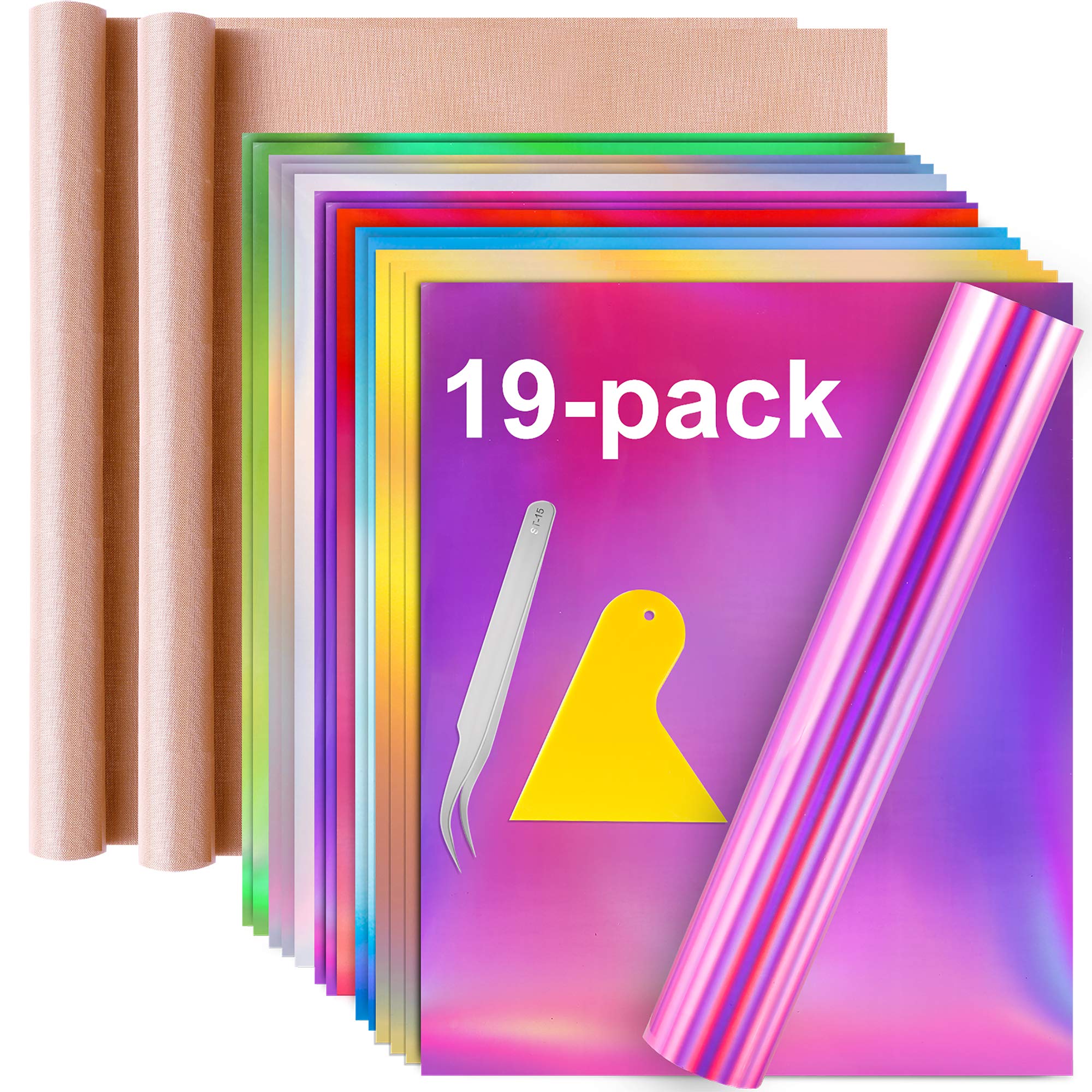 Holographic Heat Transfer Vinyl, HIRALIY 15 Sheets 12" x 10" Sparkly Rainbow Laser Iron on Vinyl 19 Pack HTV Bundle Including Teflon Sheets Weeding Tweezers Scraper for Cricut