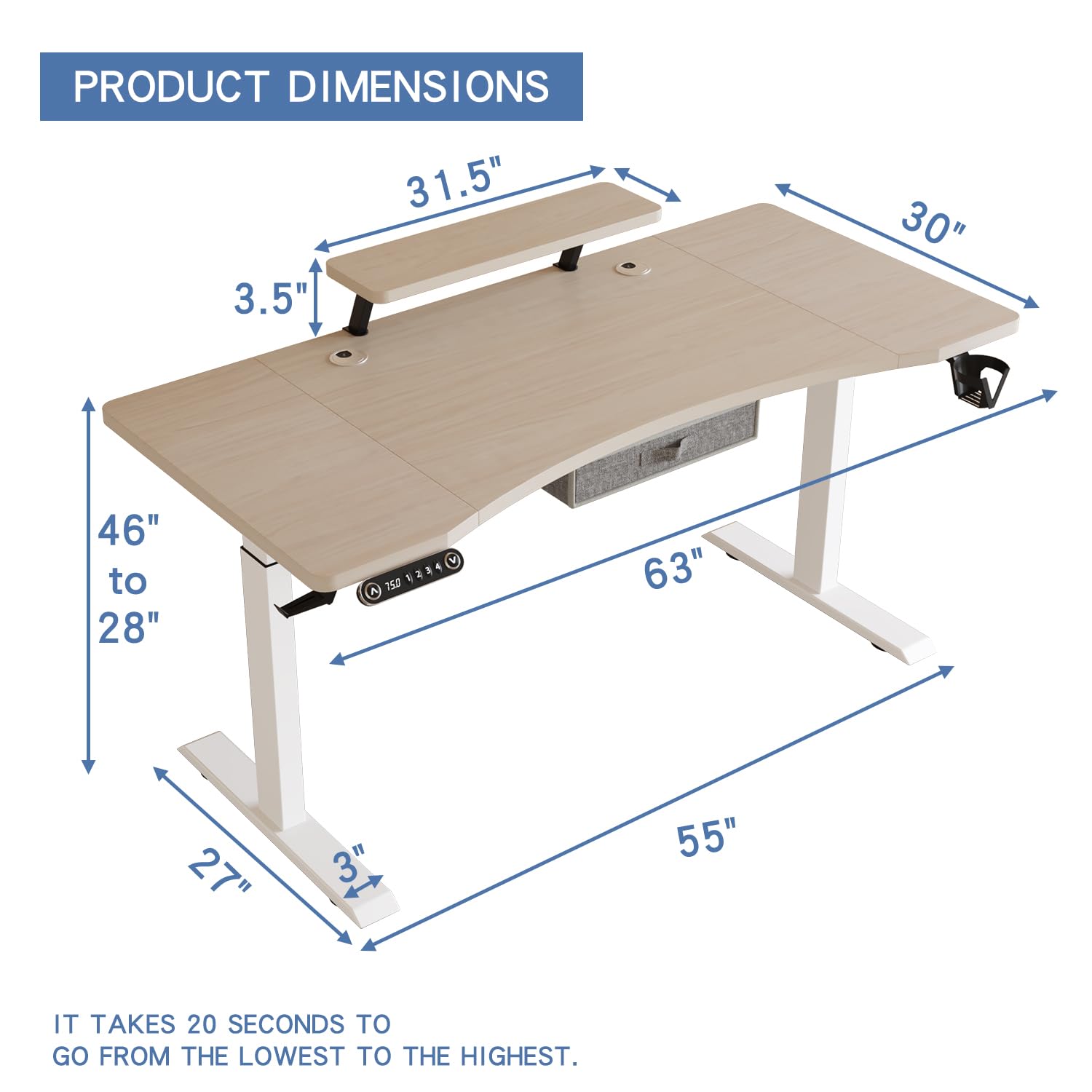 Jceet 63x30 Inches Dual Motor Electric Standing Desk with Drawer, Adjustable Height Sit Stand Up Desk with Storage Shelf, Home Office Desk Computer Workstation with Pale Pearwood Top/White Frame