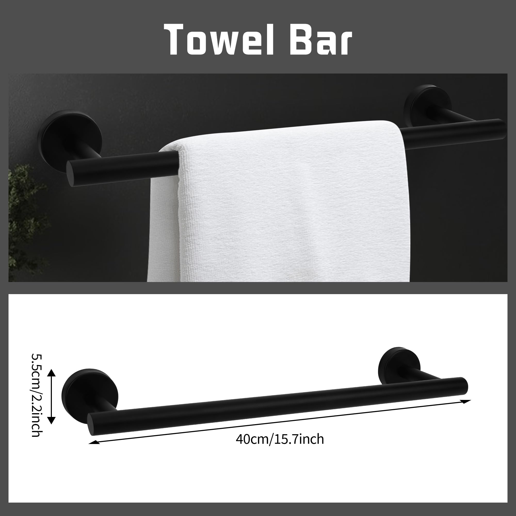 HAKJHAA Bathroom Hardware Set 4 Pieces - SUS 304 Stainless Steel Towel Rack Set - Includes 16In Towel Bar, Toilet Paper Holder, Towel Ring, Robe Towel Hooks - Wall Mounted Black