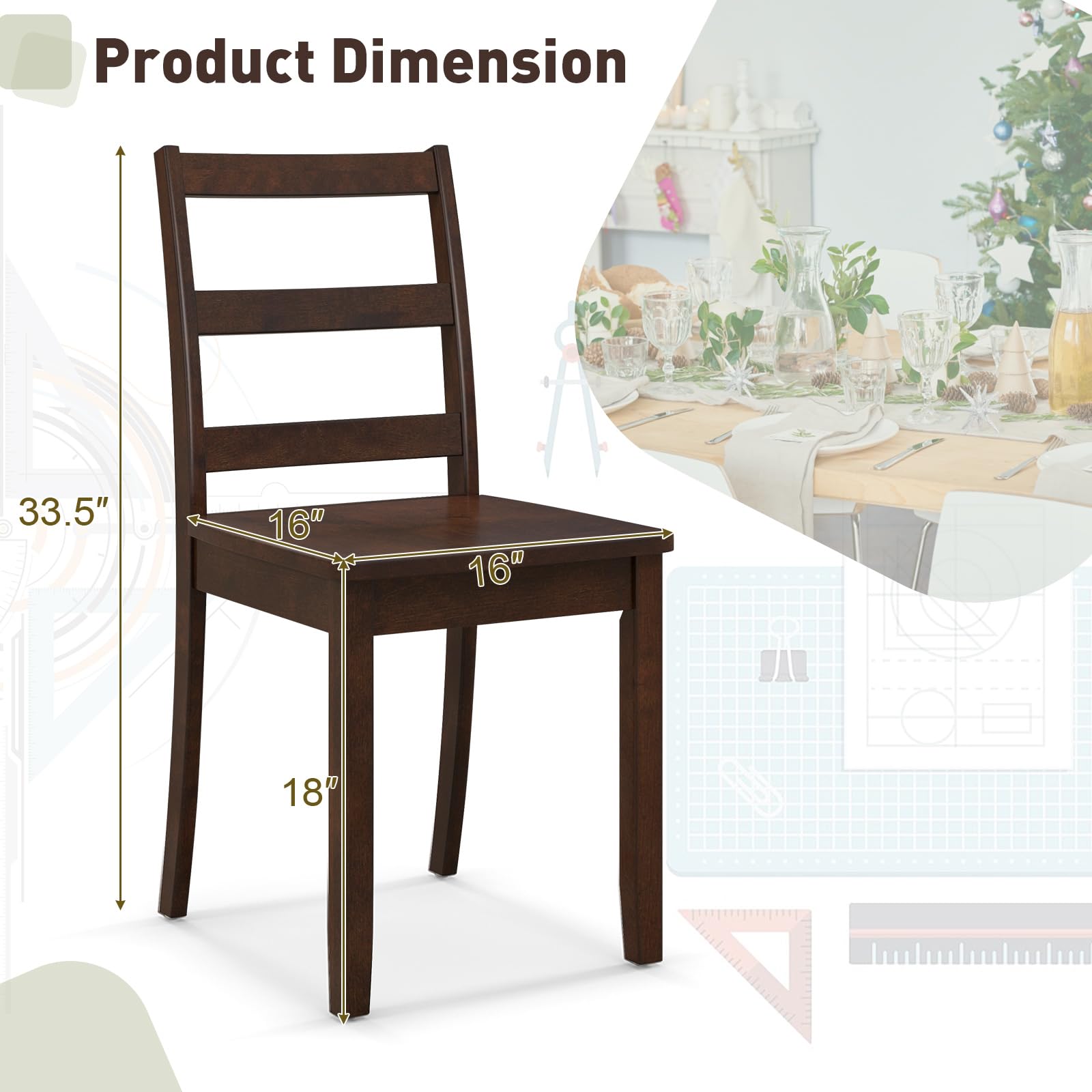 Giantex Wood Dining Chairs Set of 4 Walnut- Wooden Armless Kitchen Chairs with Solid Rubber Wood Legs, Non-Slip Foot Pads, Max Load 400 Lbs, Farmhouse Style High Ladder Back Dining Room Chairs